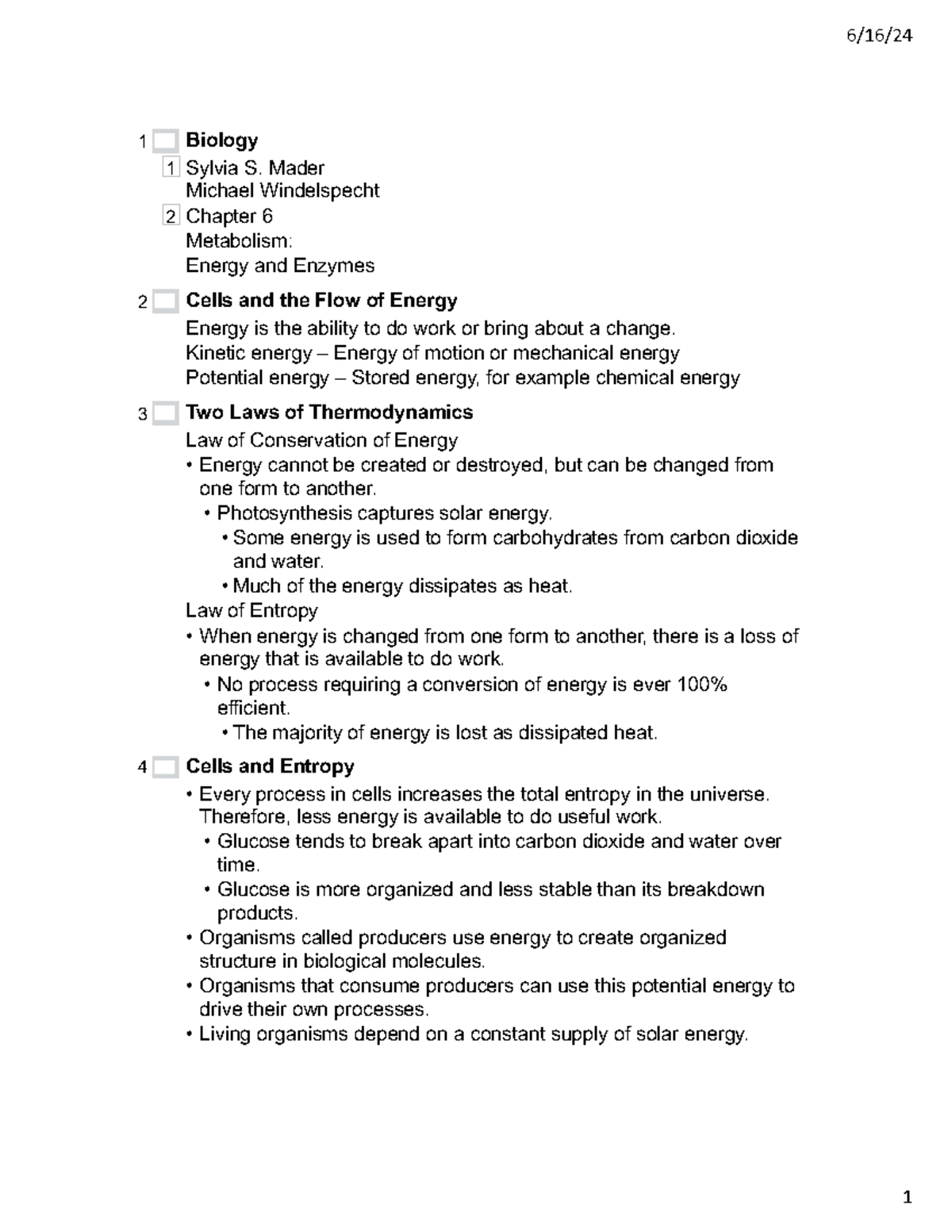 Chapter 6: Metabolism: Energy and Enzymes (Notes) - 6/16/ 1 Biology ...