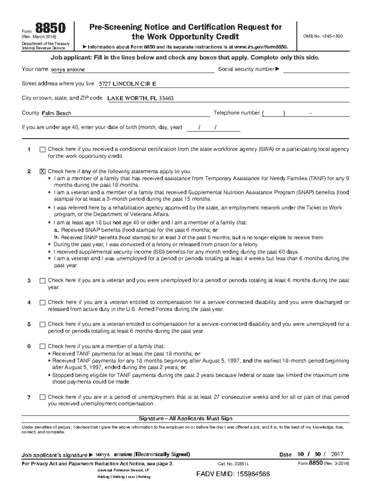 Sonya antoine (allied ) - Form 8850 (Rev. March 2016) Department of the ...