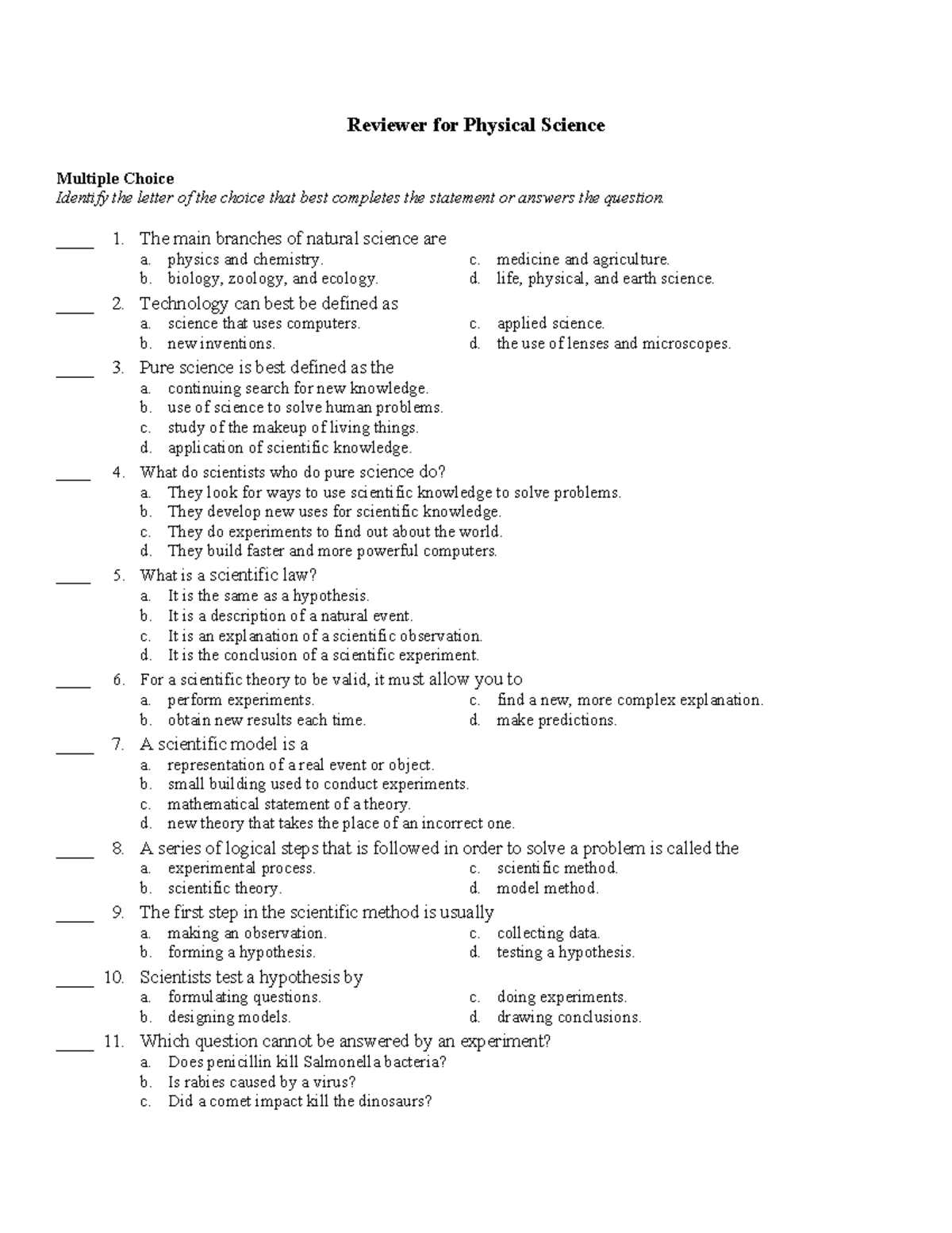 Physical Science Midterm Exam practice - Reviewer for Physical Science ...