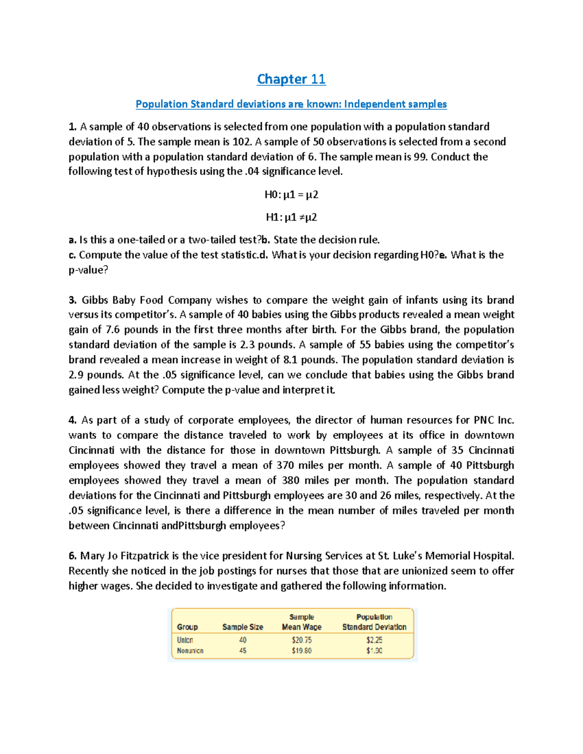 S1 - Extraordinary - Chapter 11 Population Standard deviations are known: Independent samples A ...