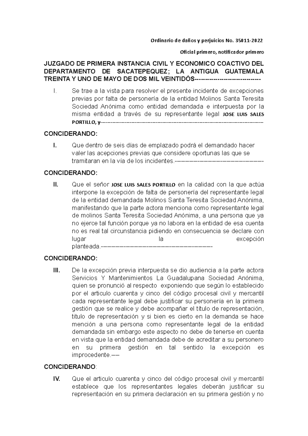 Resolucion - Ordinario de daños y perjuicios No. 35011- Oficial primero ...