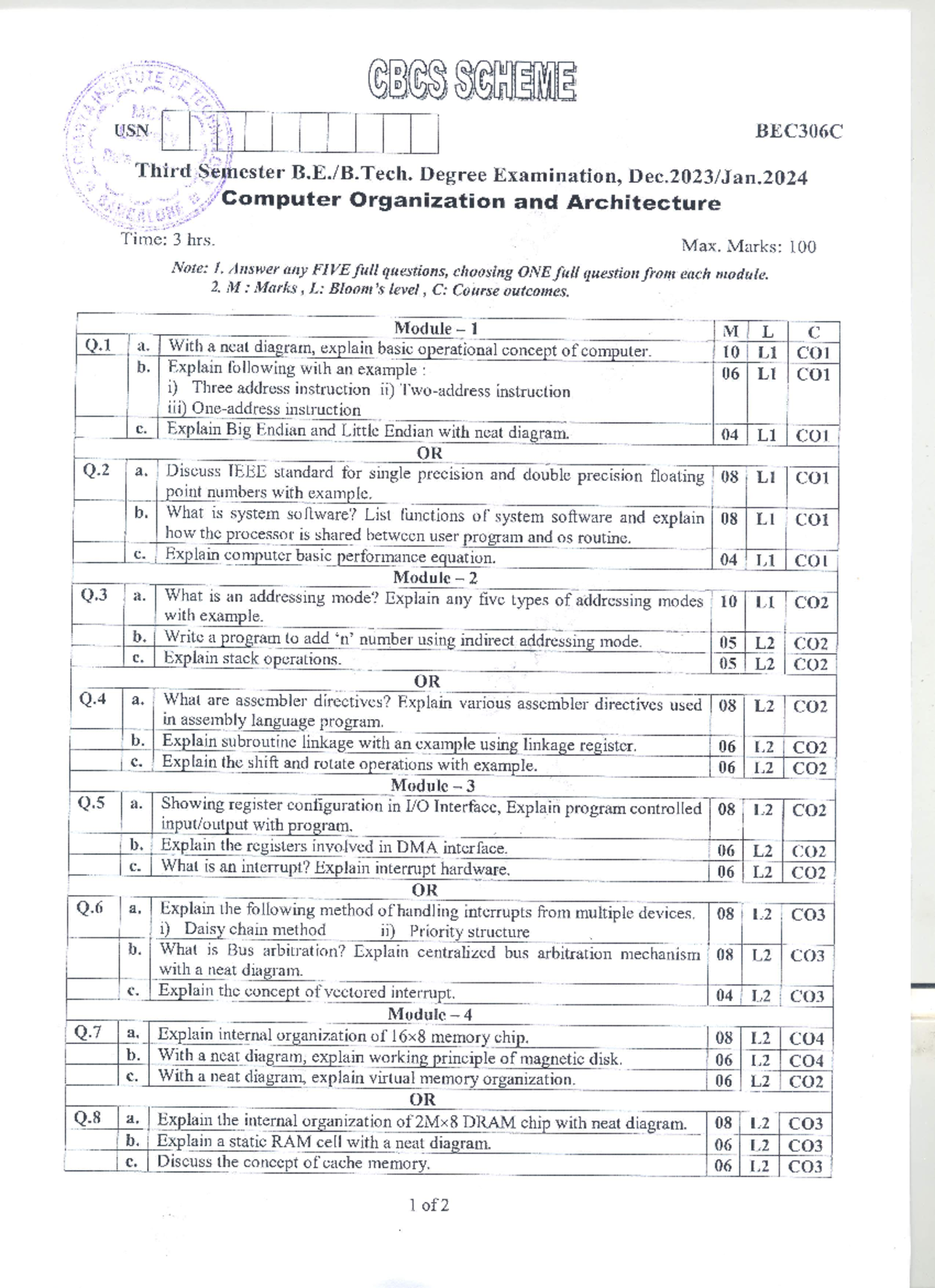 BEC306C - COA syllabus - INSTITUTE CBCS SCHEME SECURITY USN THE BEC306C Date Third Semester ...
