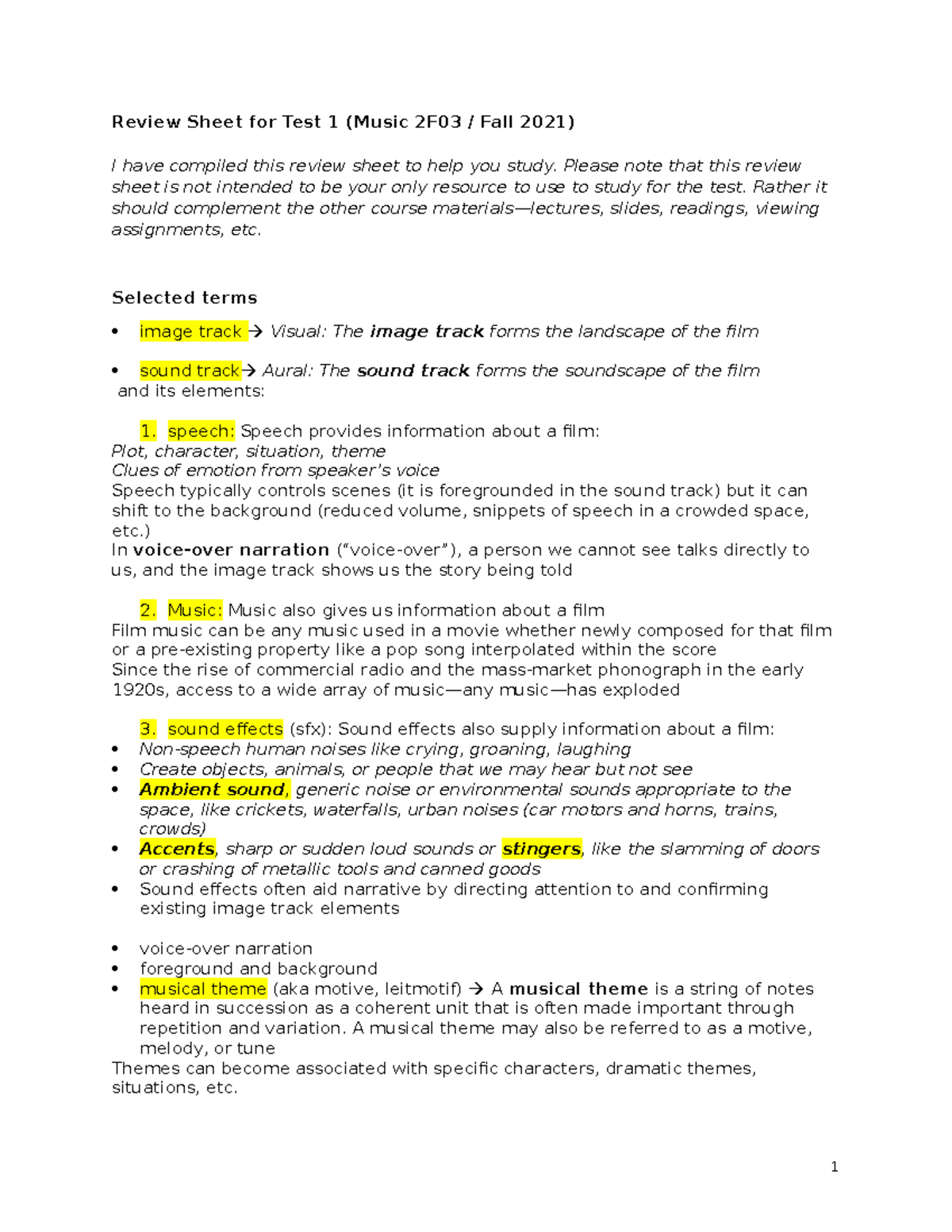Review sheet For music 2f03 - test one - Review Sheet for Test 1 (Music ...