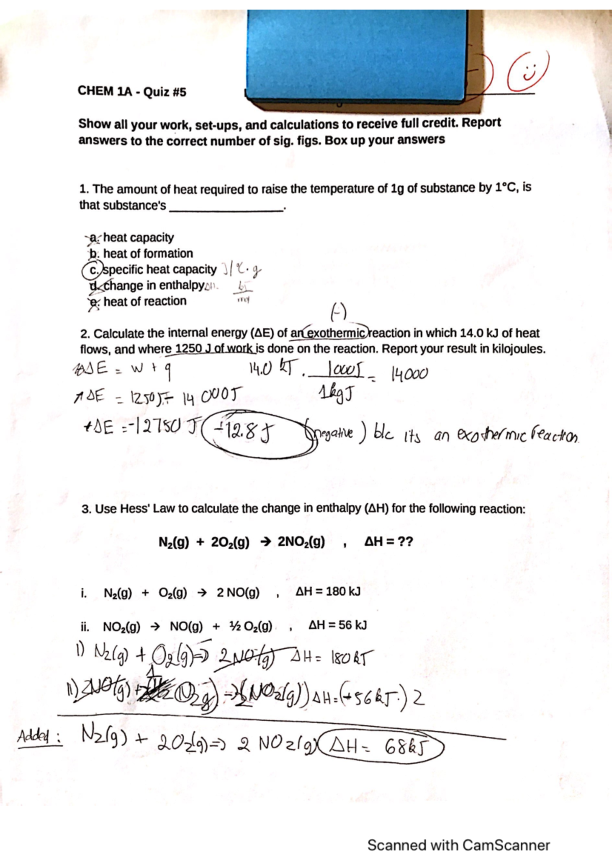 Chem 1a QUIZ #5: Hess's Law to find change in enthalpy, internal energy ...