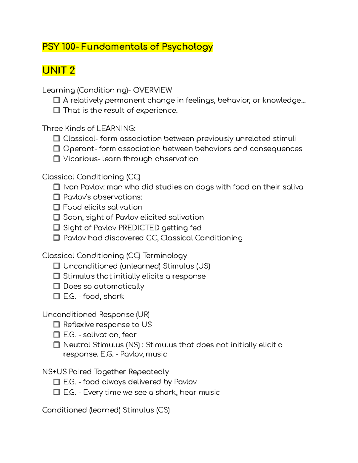 PSY 101 Notes UNIT 2 - Meant to label document PSY 110 - PSY 100 ...