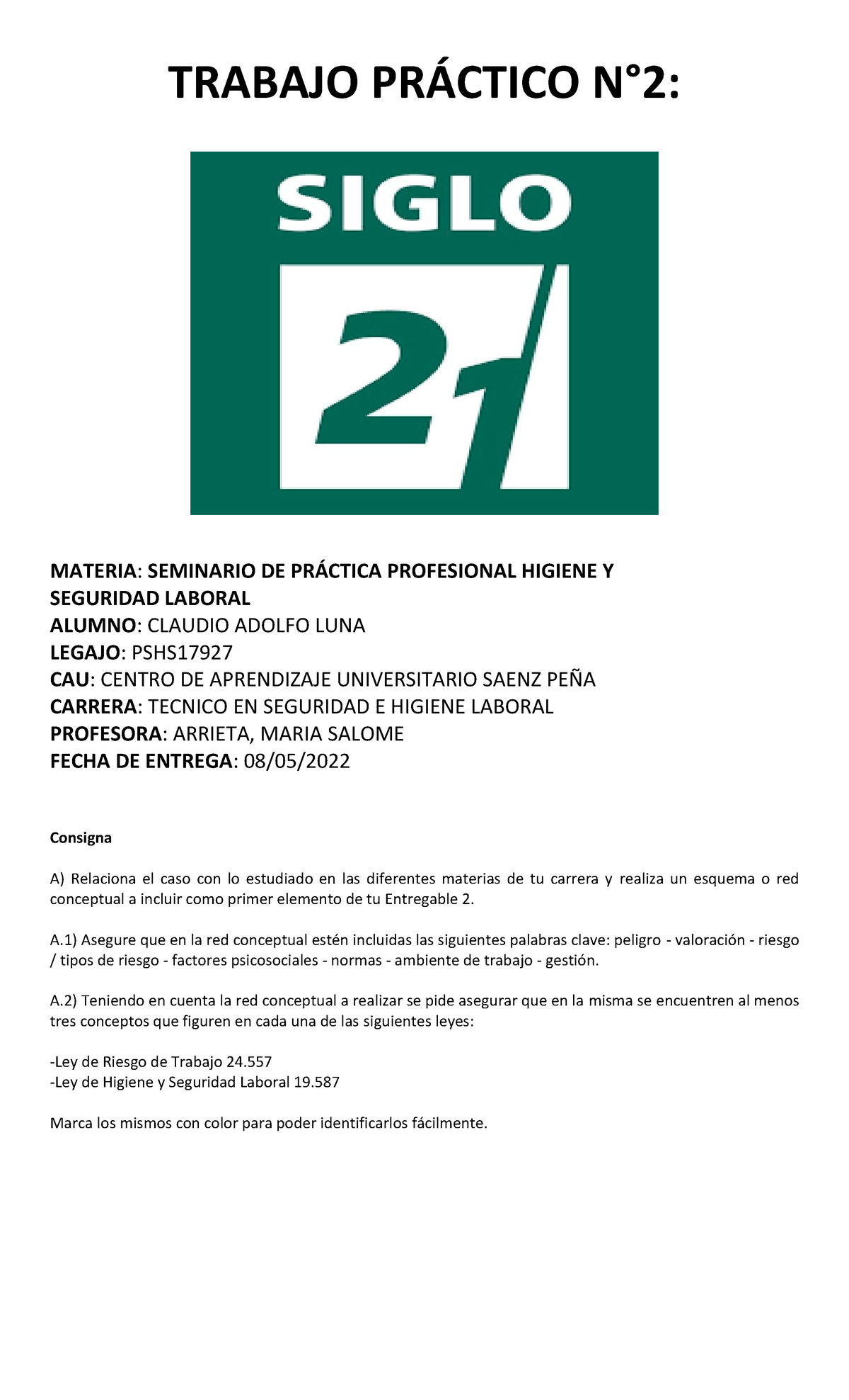 Practico 2 Seminario - TRABAJO PR¡CTICO N∞2: MATERIA : SEMINARIO DE PR¡CTICA PROFESIONAL HIGIENE ...