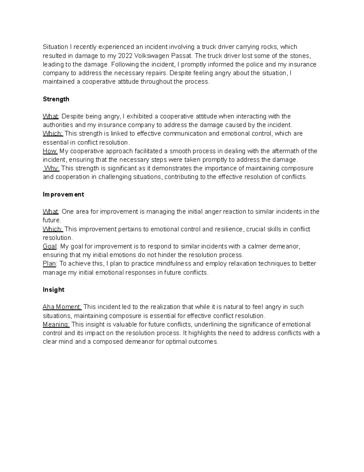 Conflict Resolution Reflection Assignment - Situation I recently ...