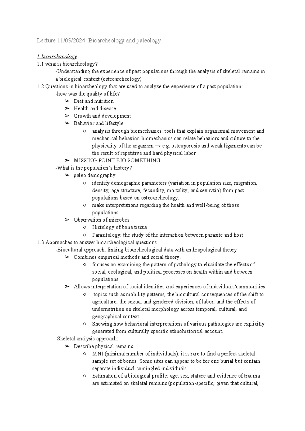 ANTH 213 lecture notes - Lecture 11/09/2024: Bioarcheology and ...