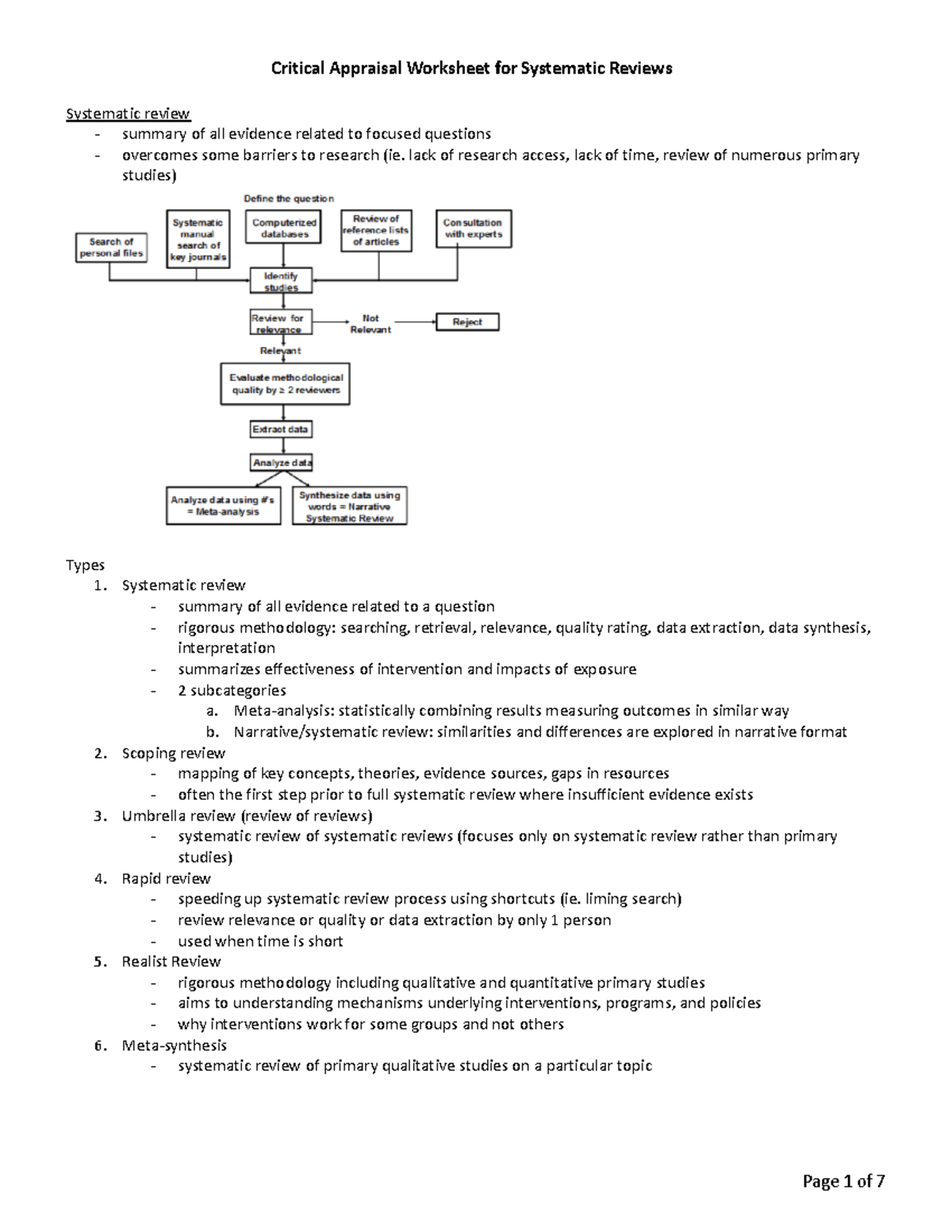 Quiz Study Critical appraisal for systematic reviews - Systematic review - summary of all ...