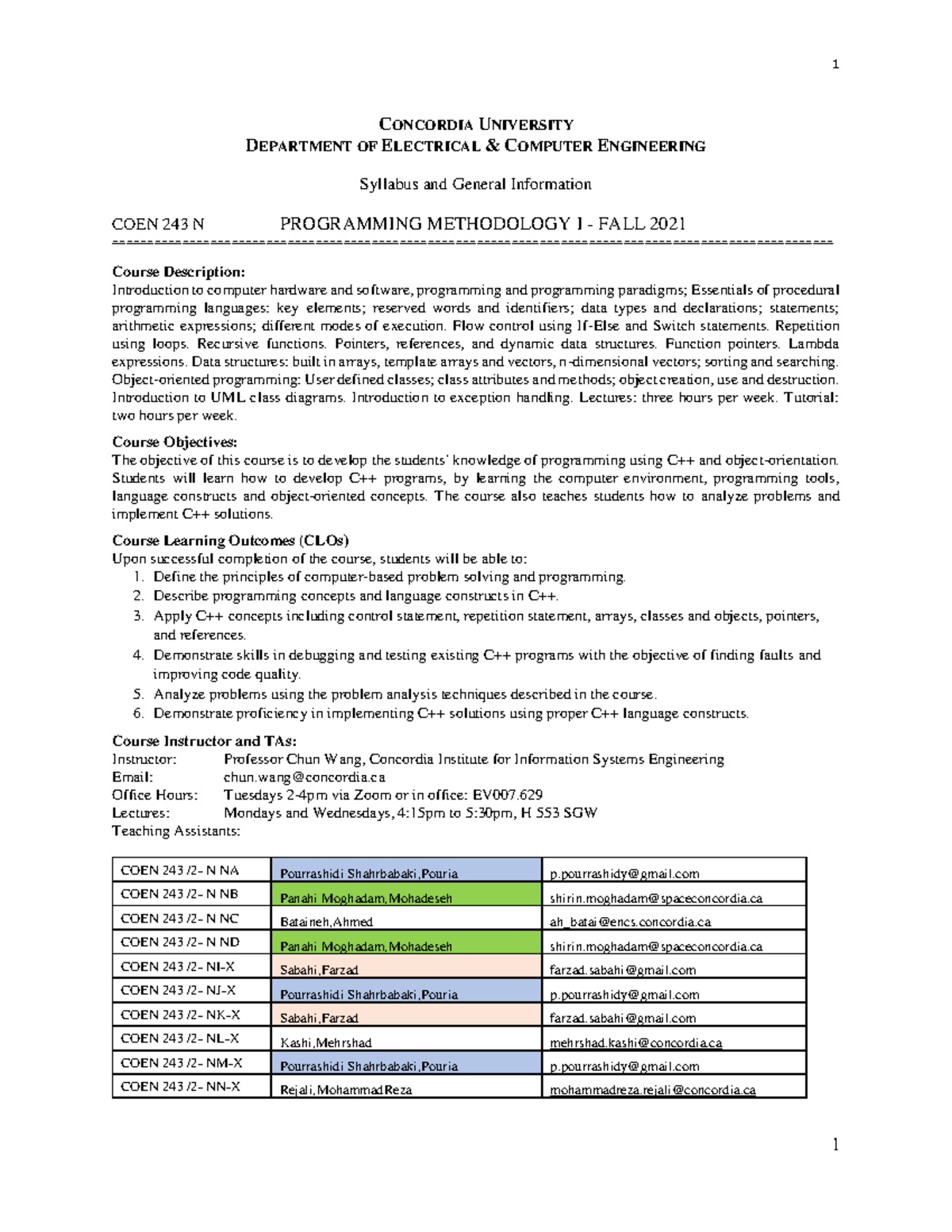 COEN 243 N - Course Outline - CONCORDIA UNIVERSITY DEPARTMENT OF ...