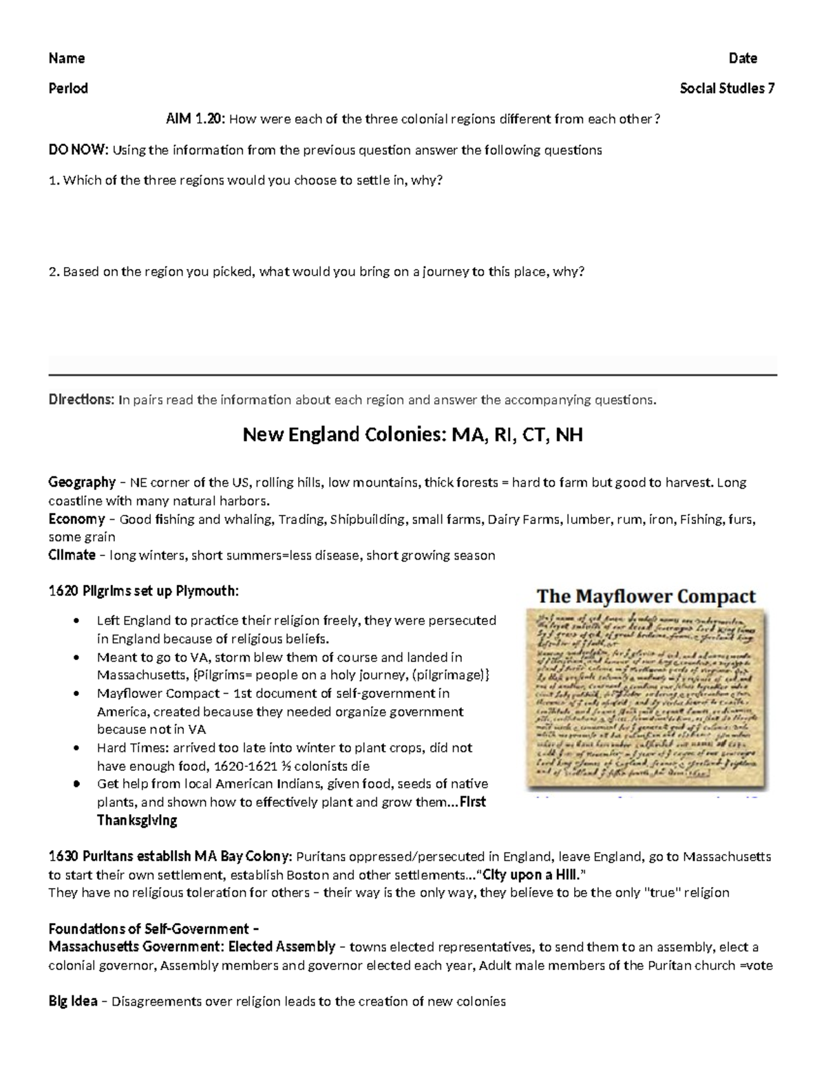 3 colonial regions - 1111111111 - Name Date Period Social Studies 7 AIM ...