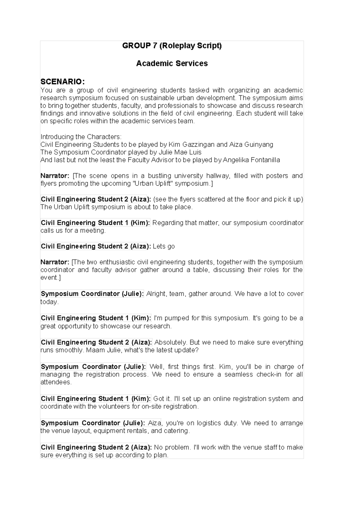 Group 7 Final Script - GROUP 7 (Roleplay Script) Academic Services ...