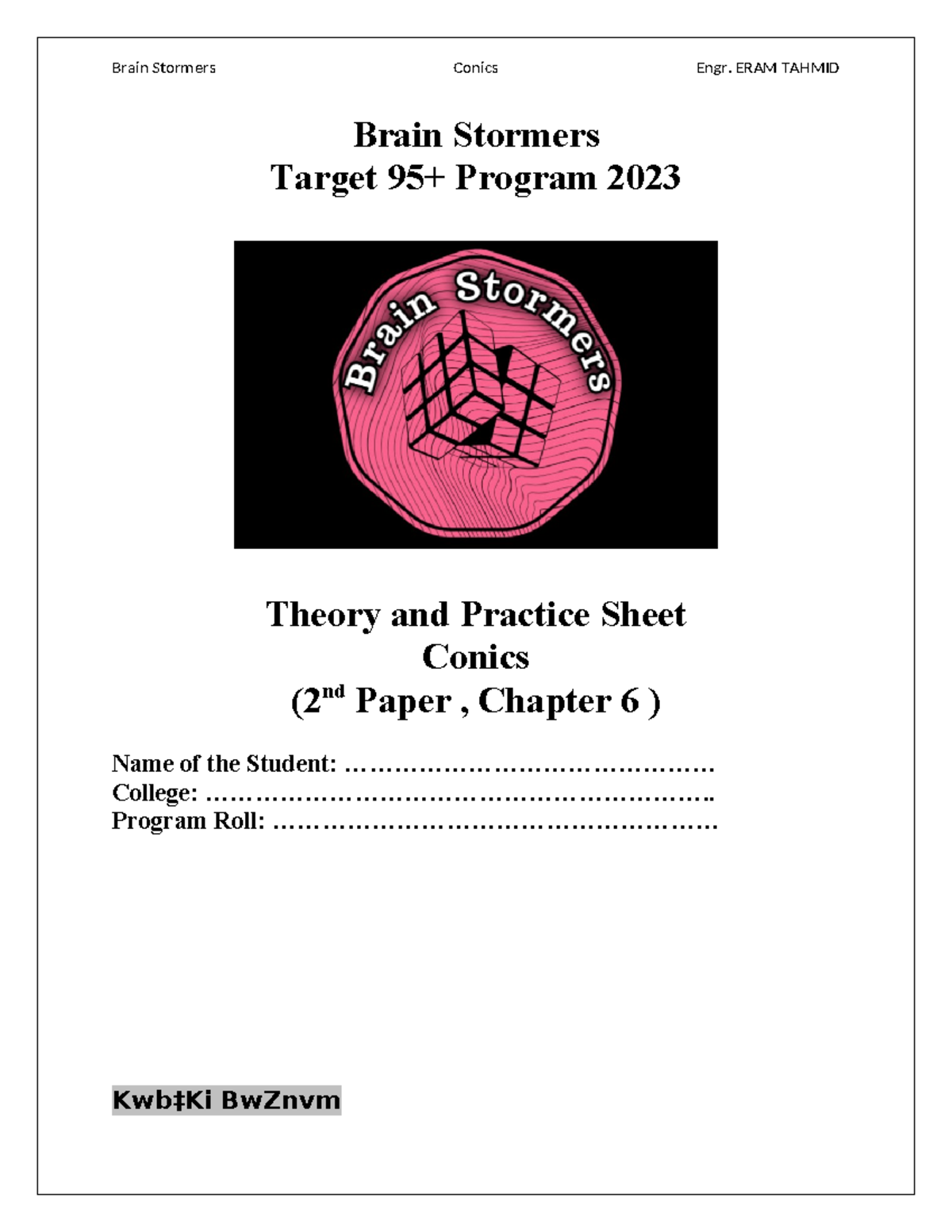 Conics Student Sheet - Brain Stormers Target 95+ Program 2023 Theory and Practice Sheet Conics ...