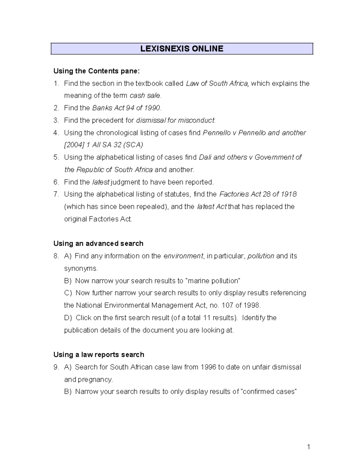 Lexis Nexis Practice Questions - LEXISNEXIS ONLINE Using the Contents ...