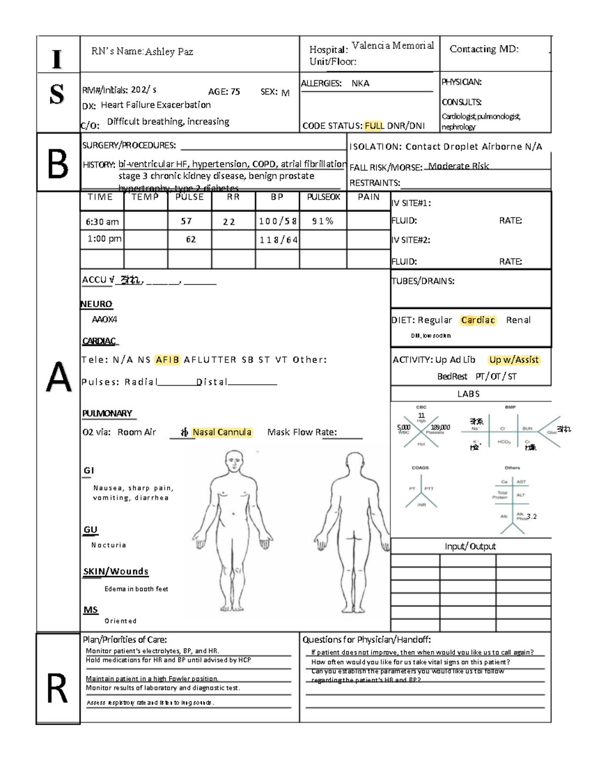 VC #1 - SBAR, Clinical Case Study, Concept Map - R TUBES/DRAINS: DIET ...
