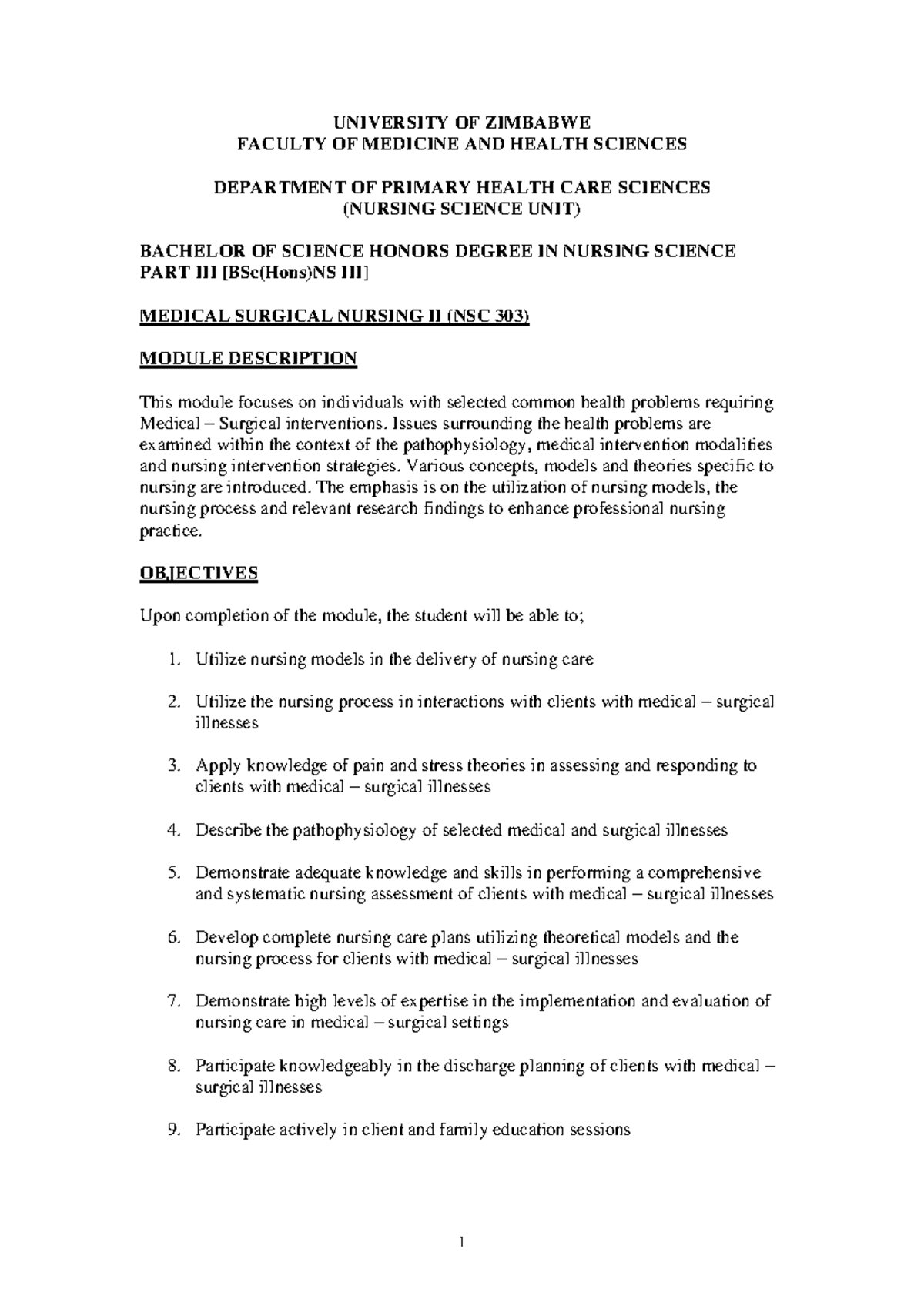 NSC 303 Module Outline - UNIVERSITY OF ZIMBABWE FACULTY OF MEDICINE AND ...