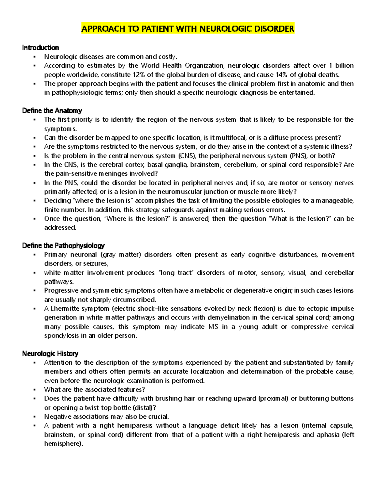 Neurology Chapter summaries - APPROACH TO PATIENT WITH NEUROLOGIC ...