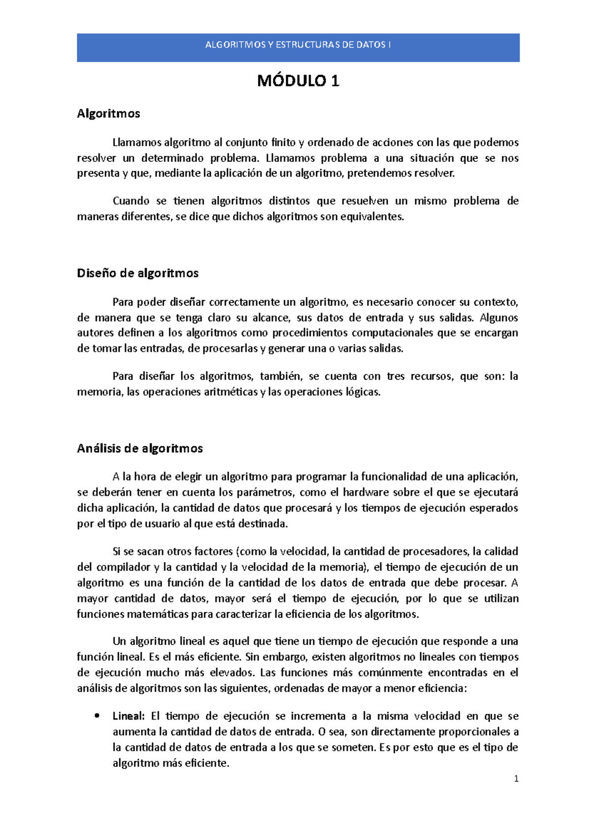 Resumen de Algoritmos y estructura de datos 1 - MÓDULO 1 Algoritmos ...