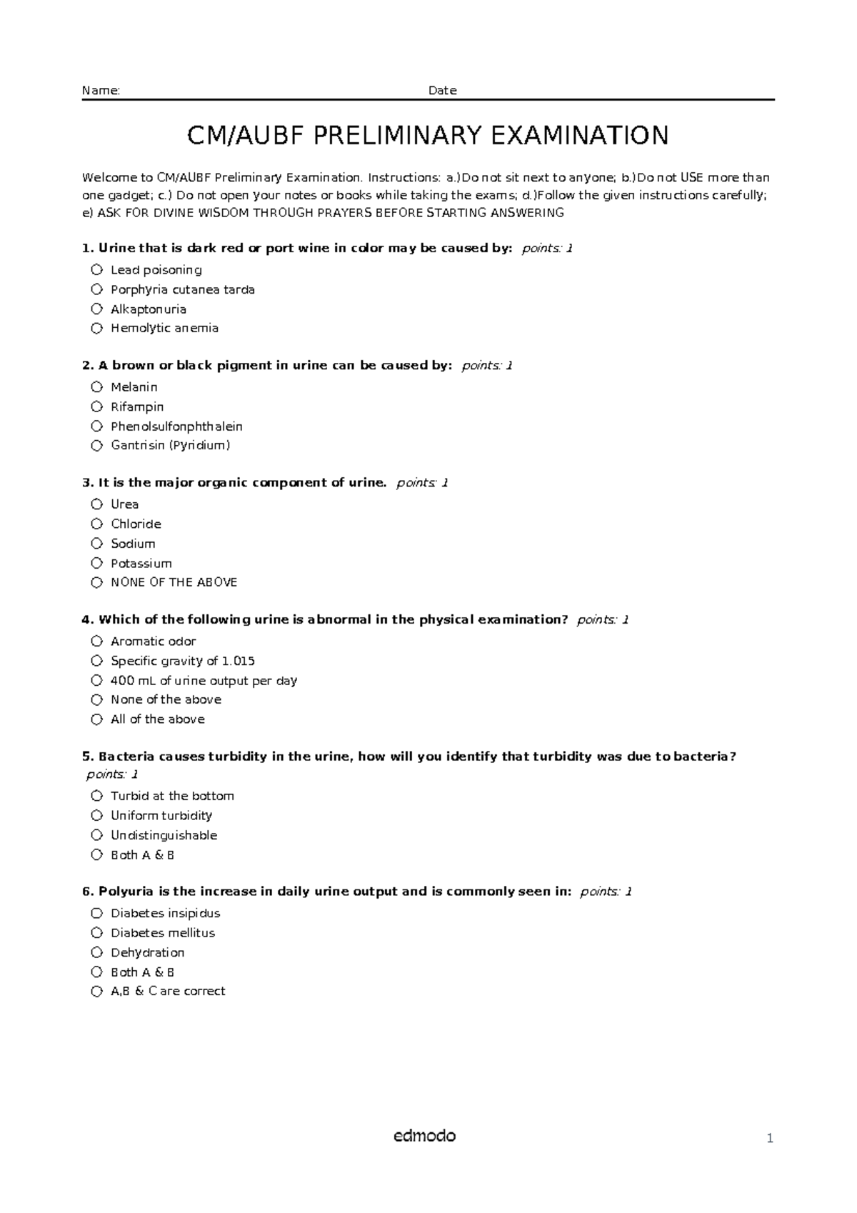 CM AUBF Preliminary Examination - Instructions: a.)Do not sit next to ...