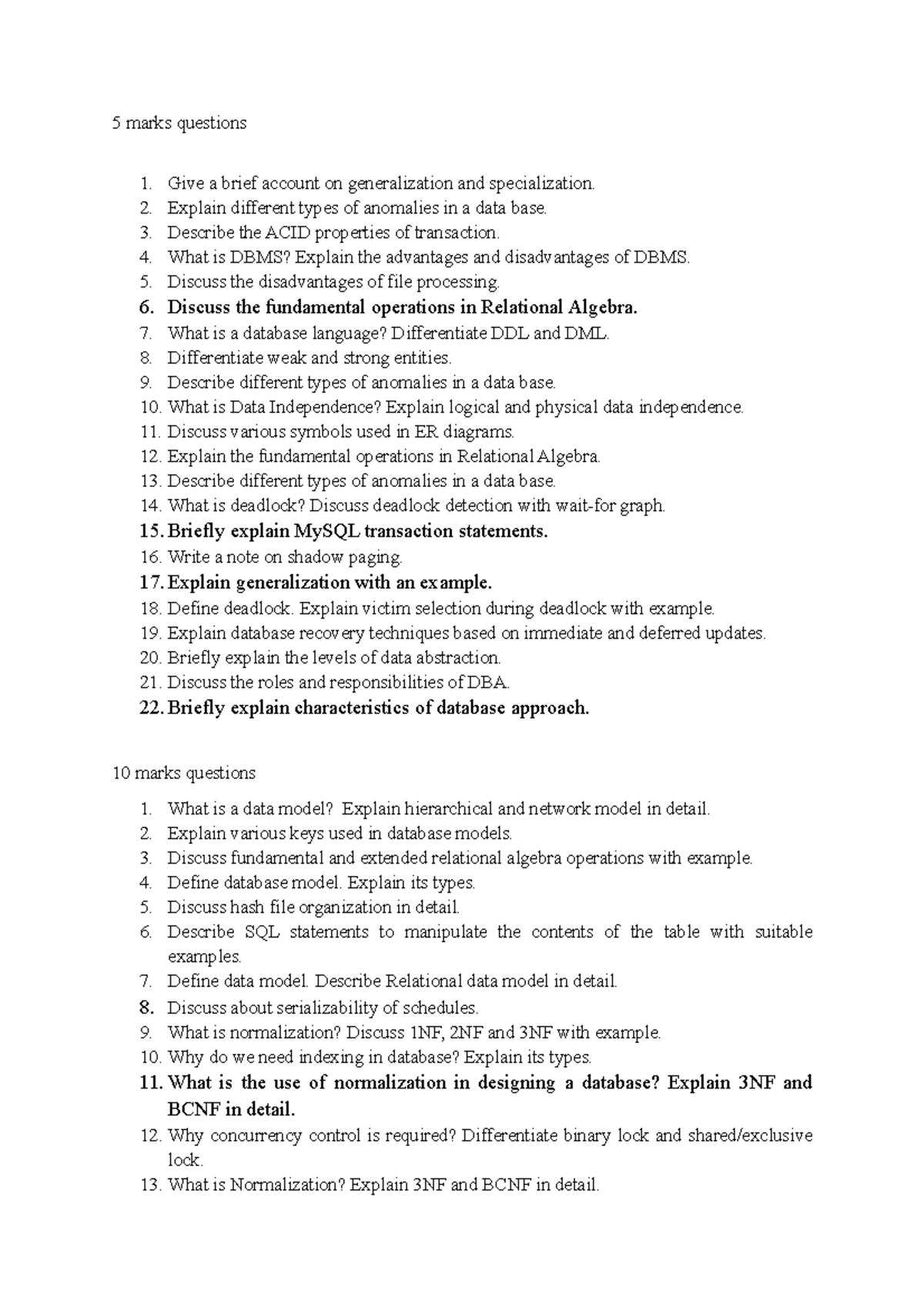 Imp Qtns Dbms Go Through Once 5 Marks Questions Give A Brief Account On Generalization And