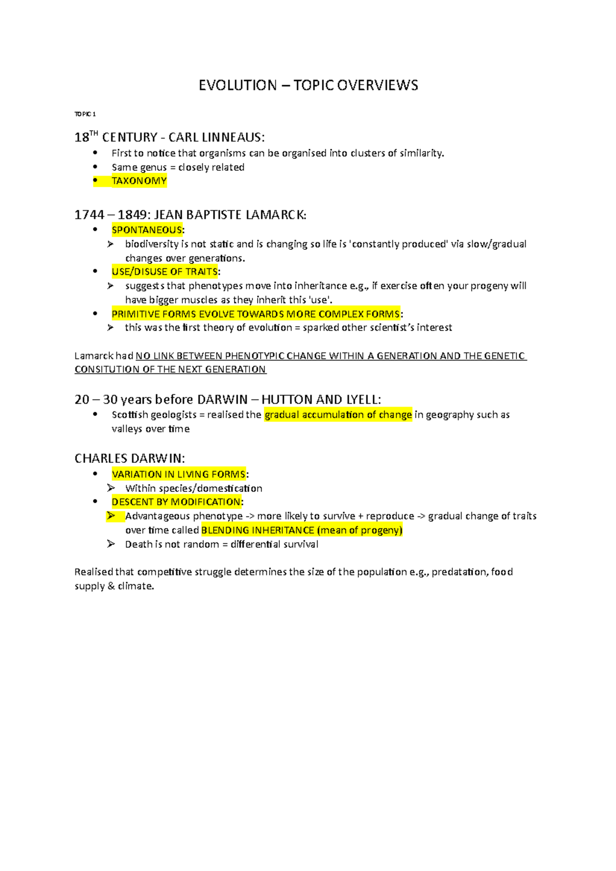 Evolution Overviews - Lecture notes WK 1 - 5 - EVOLUTION – TOPIC ...