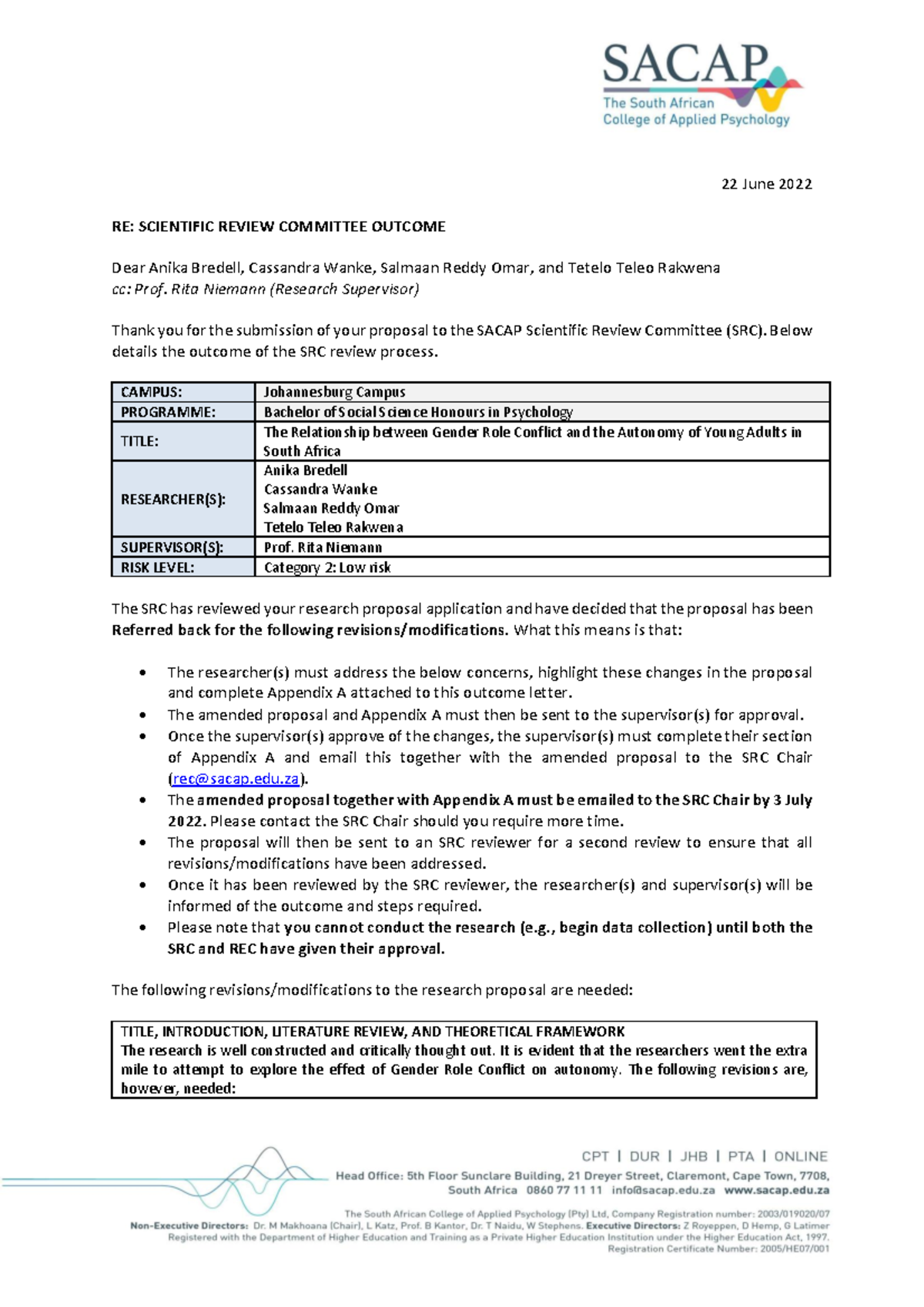 SRC Review Outcome Letter - Anika Bredell, Cassandra Wanke, Salmaan ...