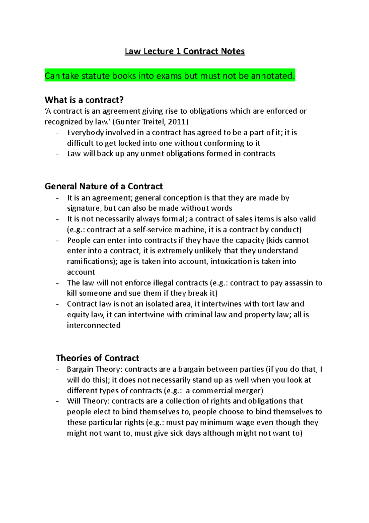 Law Lecture 1 Contract Notes - Law Lecture 1 Contract Notes Can take ...