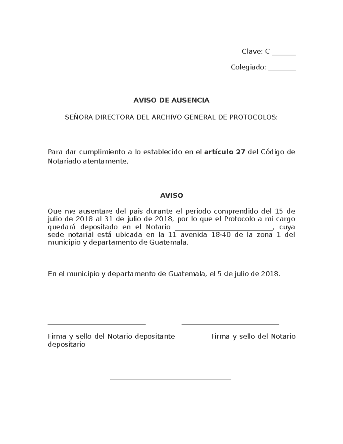 Avisos QUE DEBE DE DAR EL Notario - Colegiado: ________ AVISO DE ...