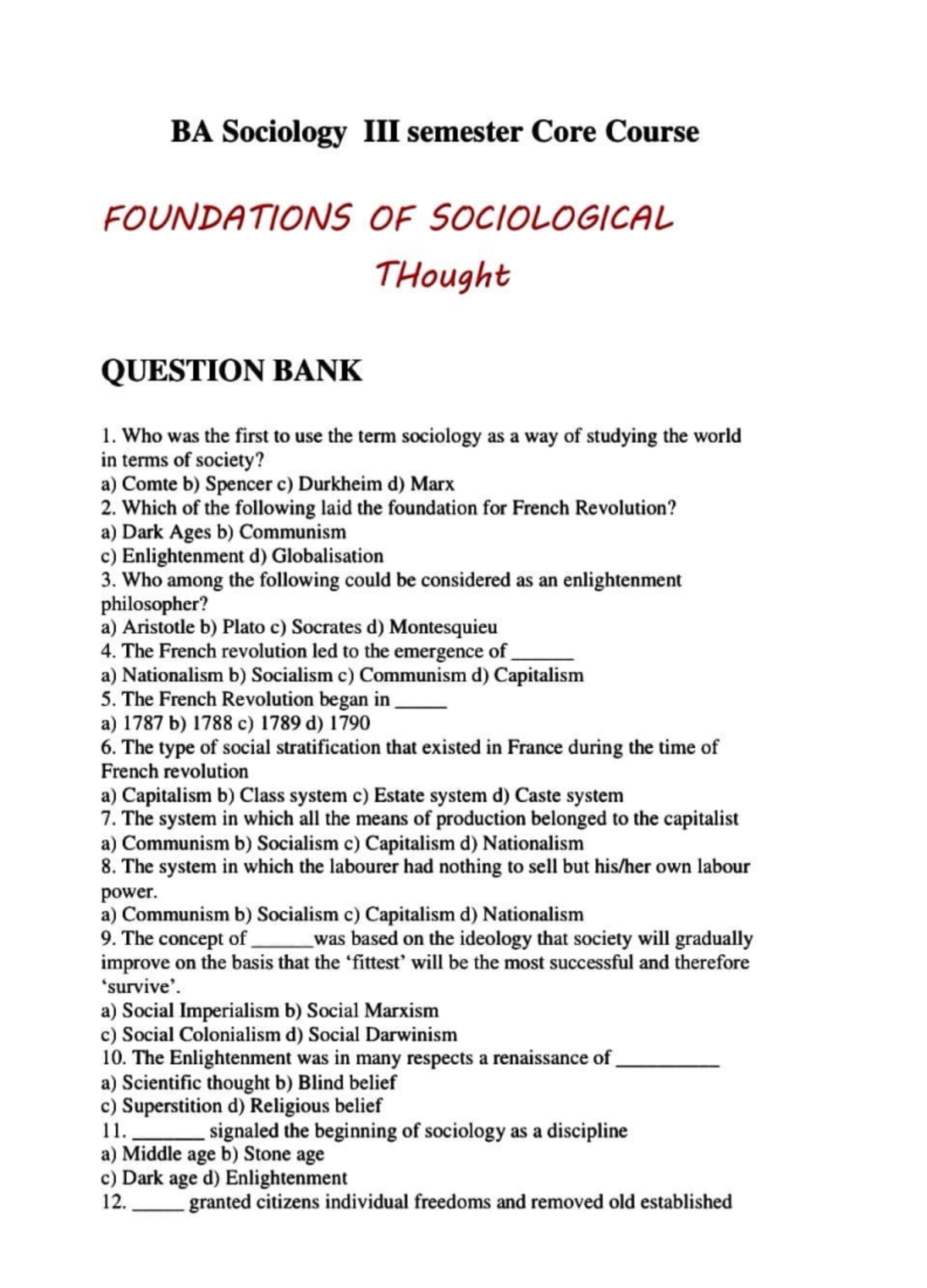 Foundations of Sociological Thoughts - BA Sociology ID semester Core ...