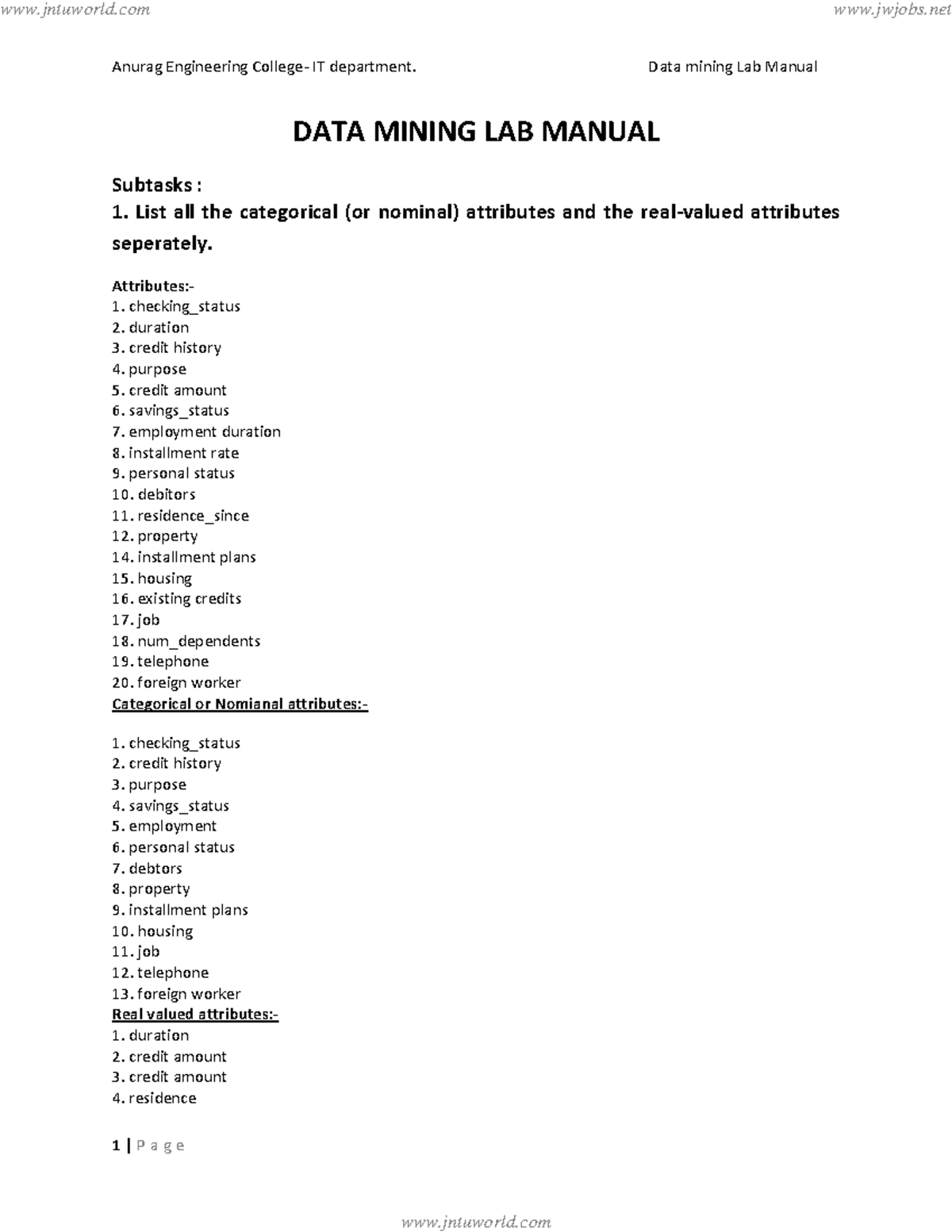 Dataminig lab manual softcopy - Anurag Engineering College- IT department. Data mining Lab ...