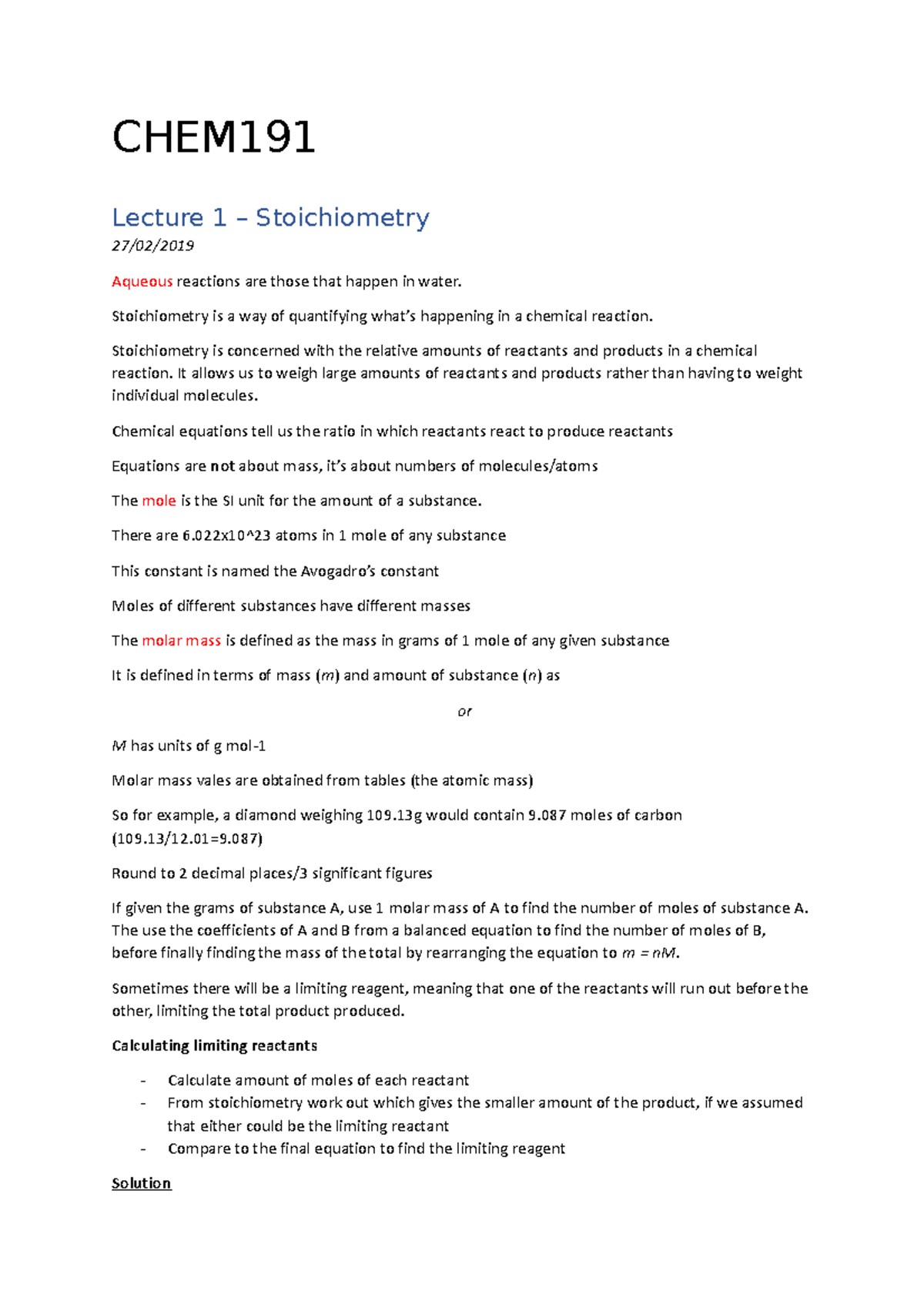 CHEM191 Full Notes - CHEM Lecture 1 – Stoichiometry 27/02/ Aqueous ...
