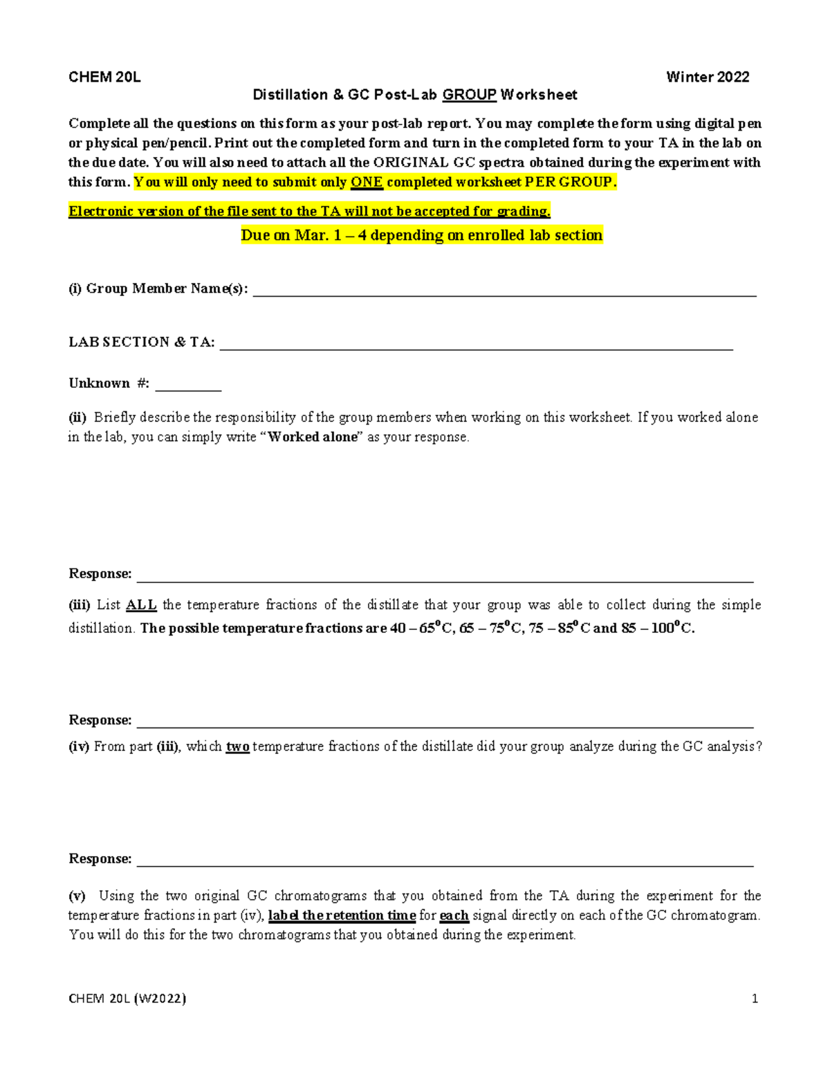 Distillation GC form w2022 - CHEM 20L (W2022) 1 CHEM 20L Winter 202 2 ...