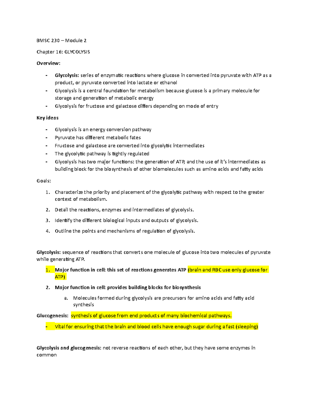 Module 2 Glycolysis - Lecture notes 2 - BMSC 230 – Module 2 Chapter 16 ...