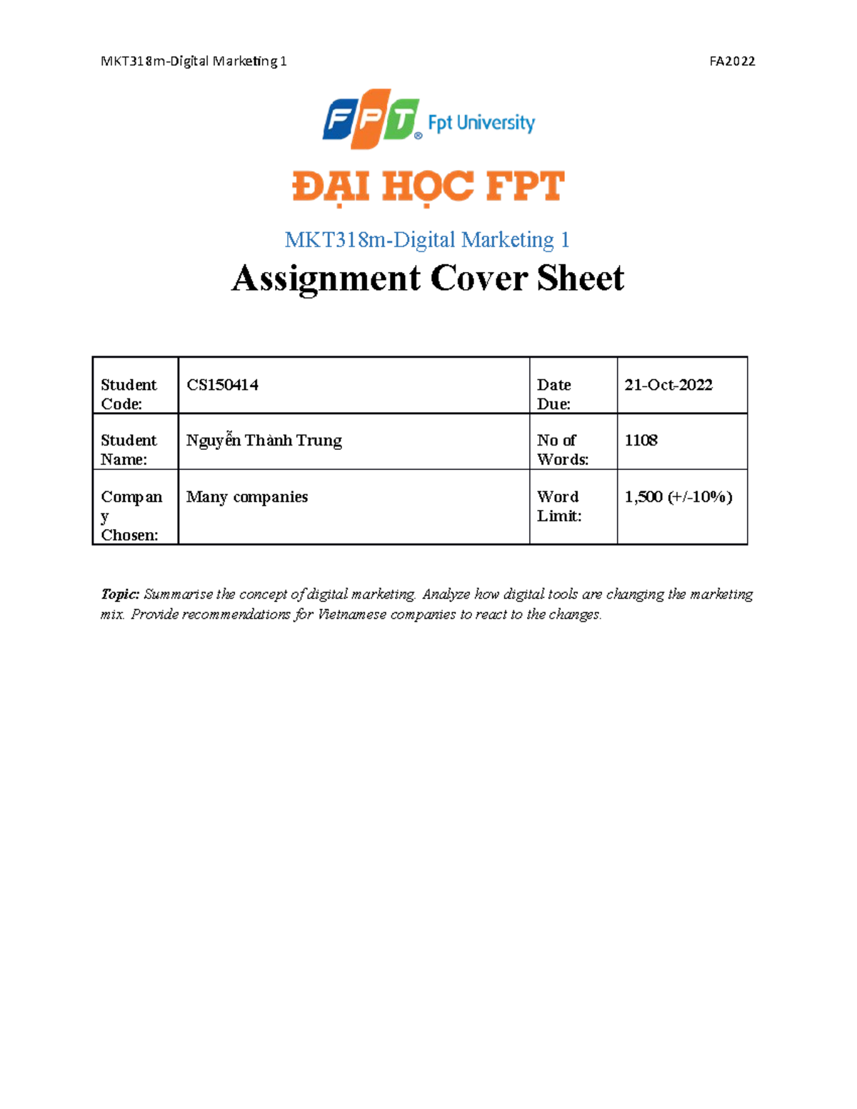 Nguyen Thanh Trung.IB1503 - MKT318m-Digital Marketing 1 Assignment ...