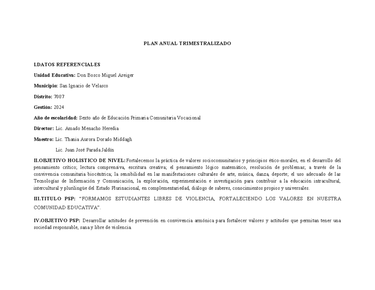 PAT DON Bosco 6to primaria thania - PLAN ANUAL TRIMESTRALIZADO I ...