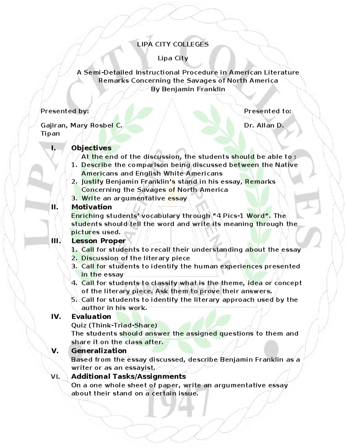 Rosbel(Lesson Plan) - Lesson Plan - LIPA CITY COLLEGES Lipa City A Semi ...