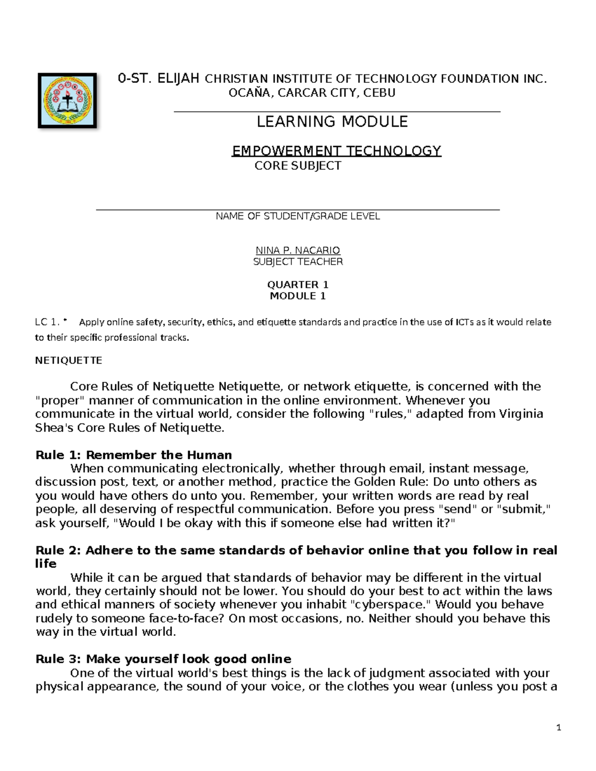 Module-in-Empowerment-Technology-Mod-1 - Copy - 0-ST. ELIJAH CHRISTIAN ...
