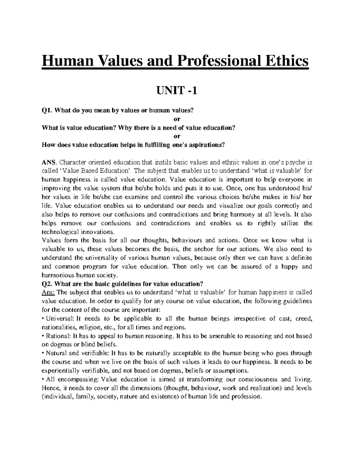 HV notes - Unit 1 - Questions for practice - Human Values and ...
