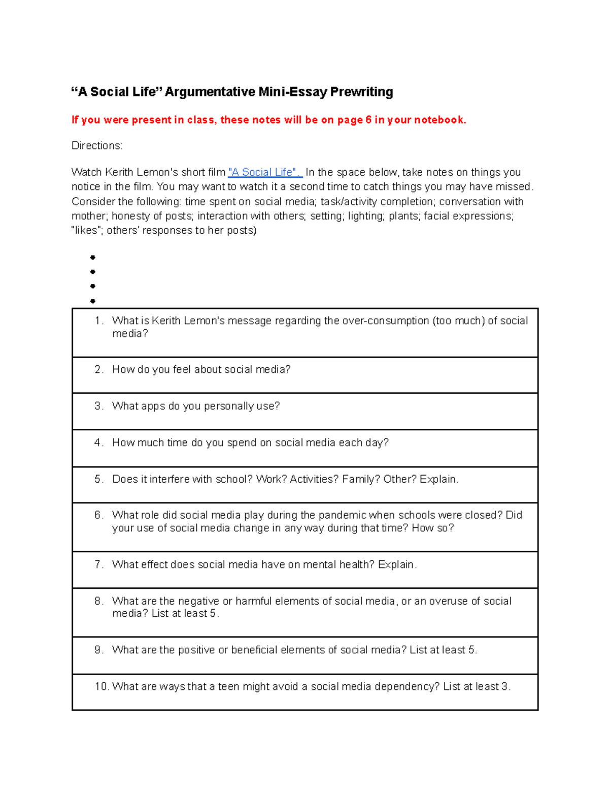 “A Social Life” Mini-Essay Pre-Writing - “A Social Life” Argumentative ...
