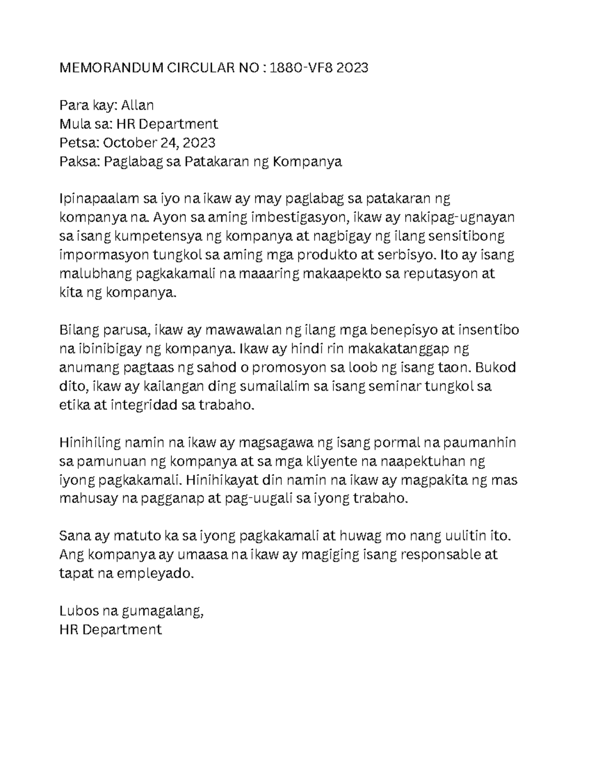 Memorandum Example FOR Filipino SA Piling Larangan - MEMORANDUM ...