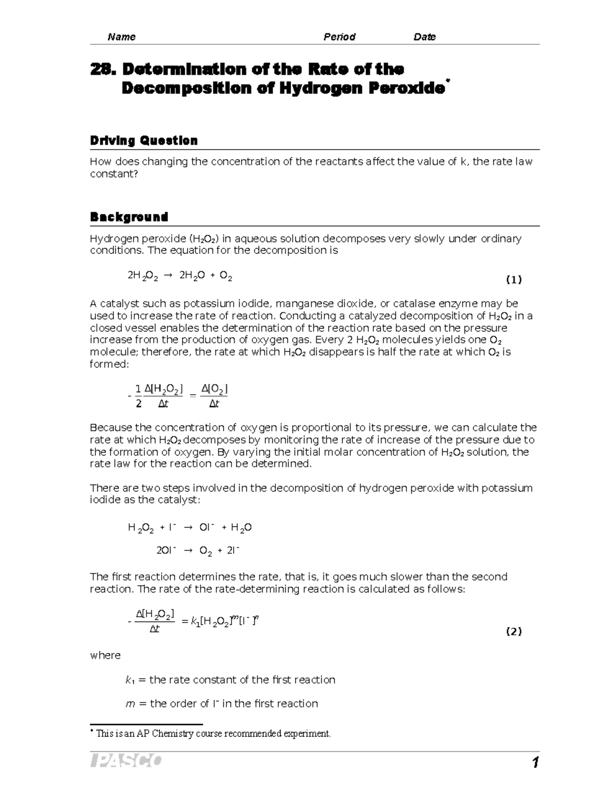 AC 28 Hydrogen Peroxide Decomposition S - Name Period Date 28 ...