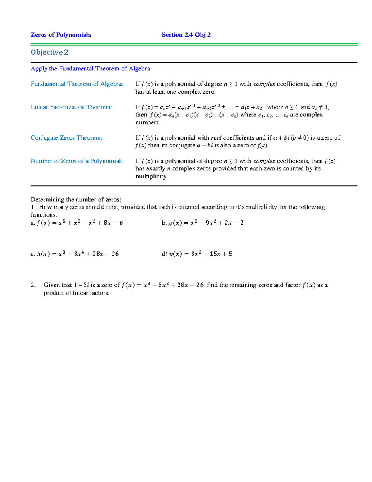 2.4 Obj 2 Zeros of Polynomials - Zeros of Polynomials Section 2 Obj 2 ...