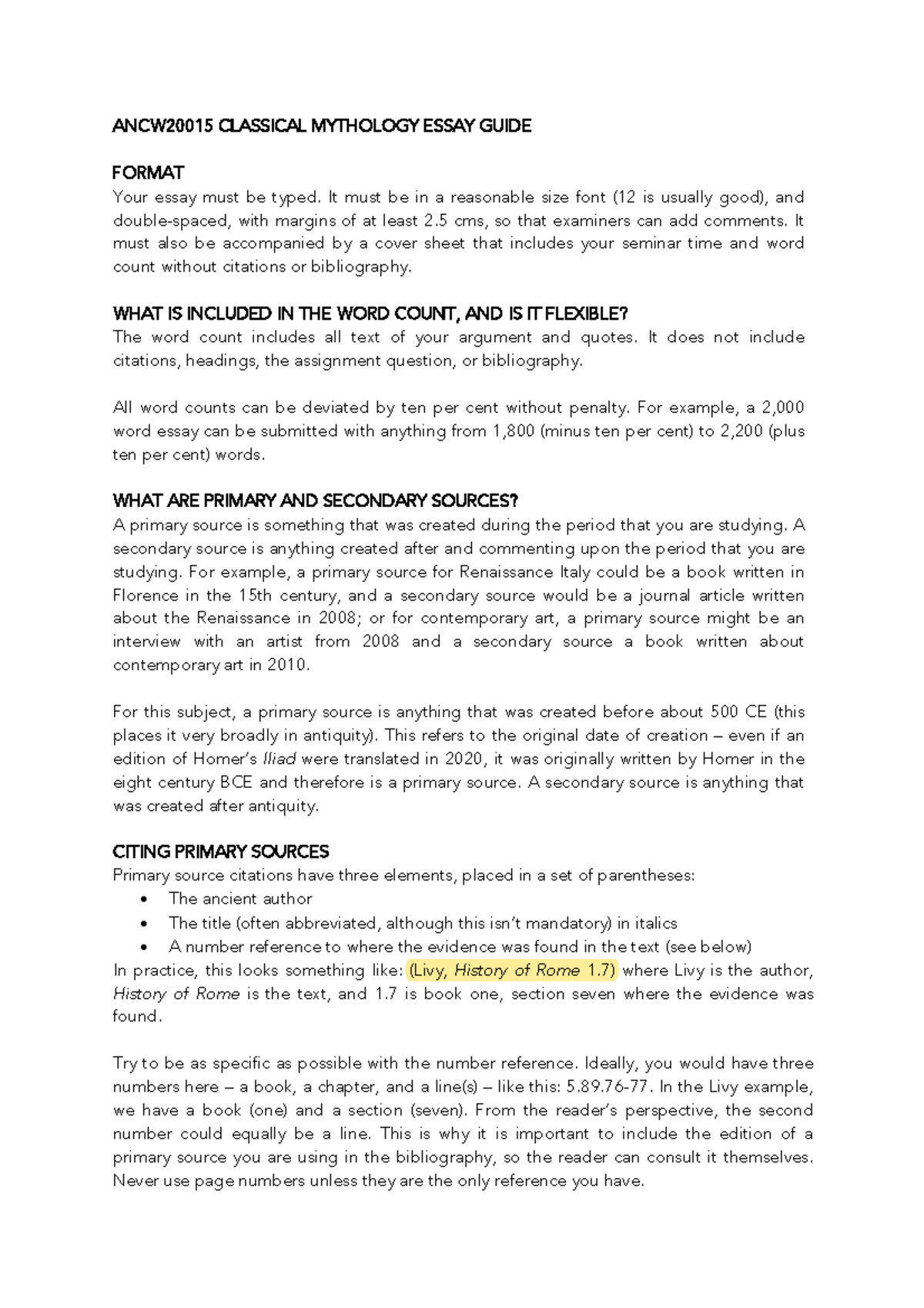 ANCW2001 5 Style Guide - ANCW 20015 CLASSICAL MYTHOLOGY ESSAY GUIDE ...