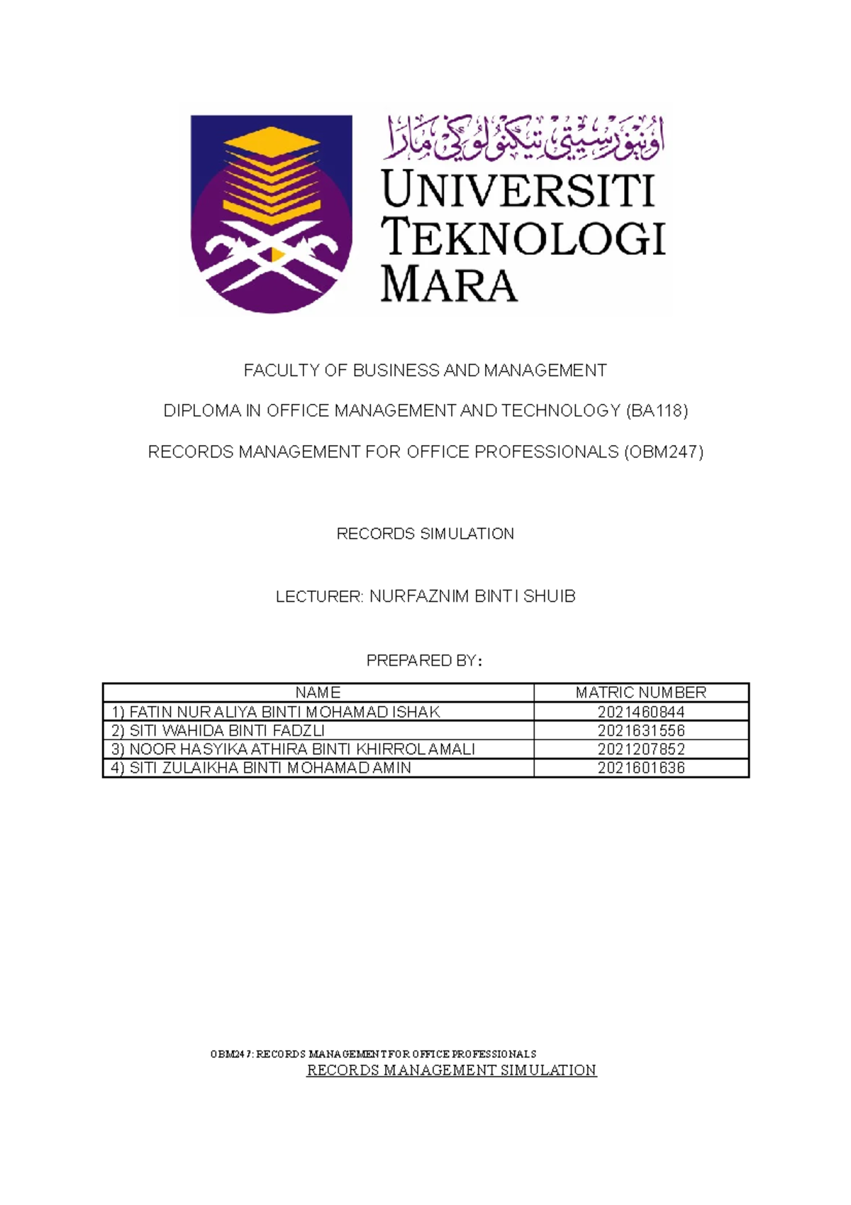 Record Simulation Group Assignment - FACULTY OF BUSINESS AND MANAGEMENT ...