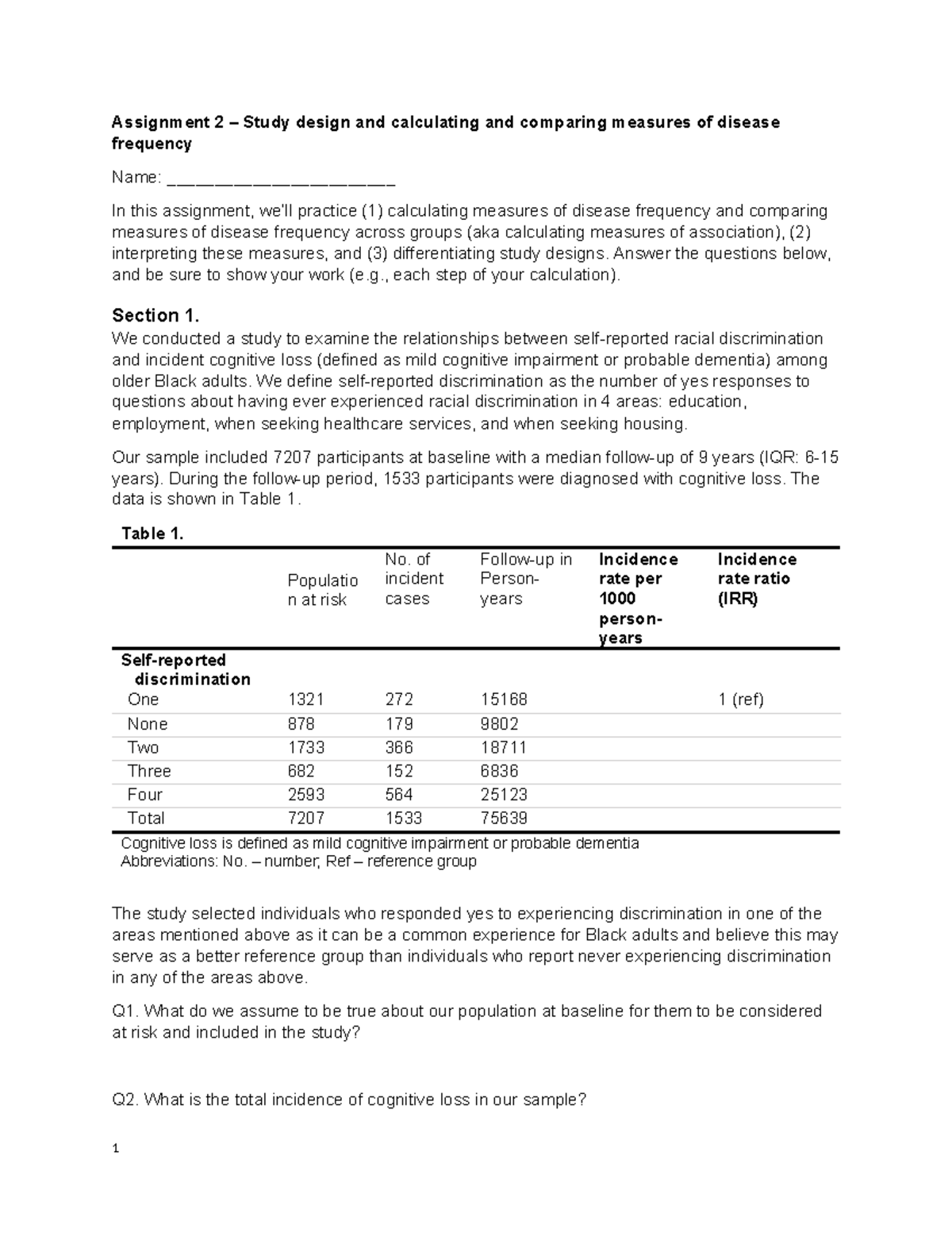 HMWK 2 (1) - Assignment 2 - Assignment 2 – Study design and calculating and comparing measures ...