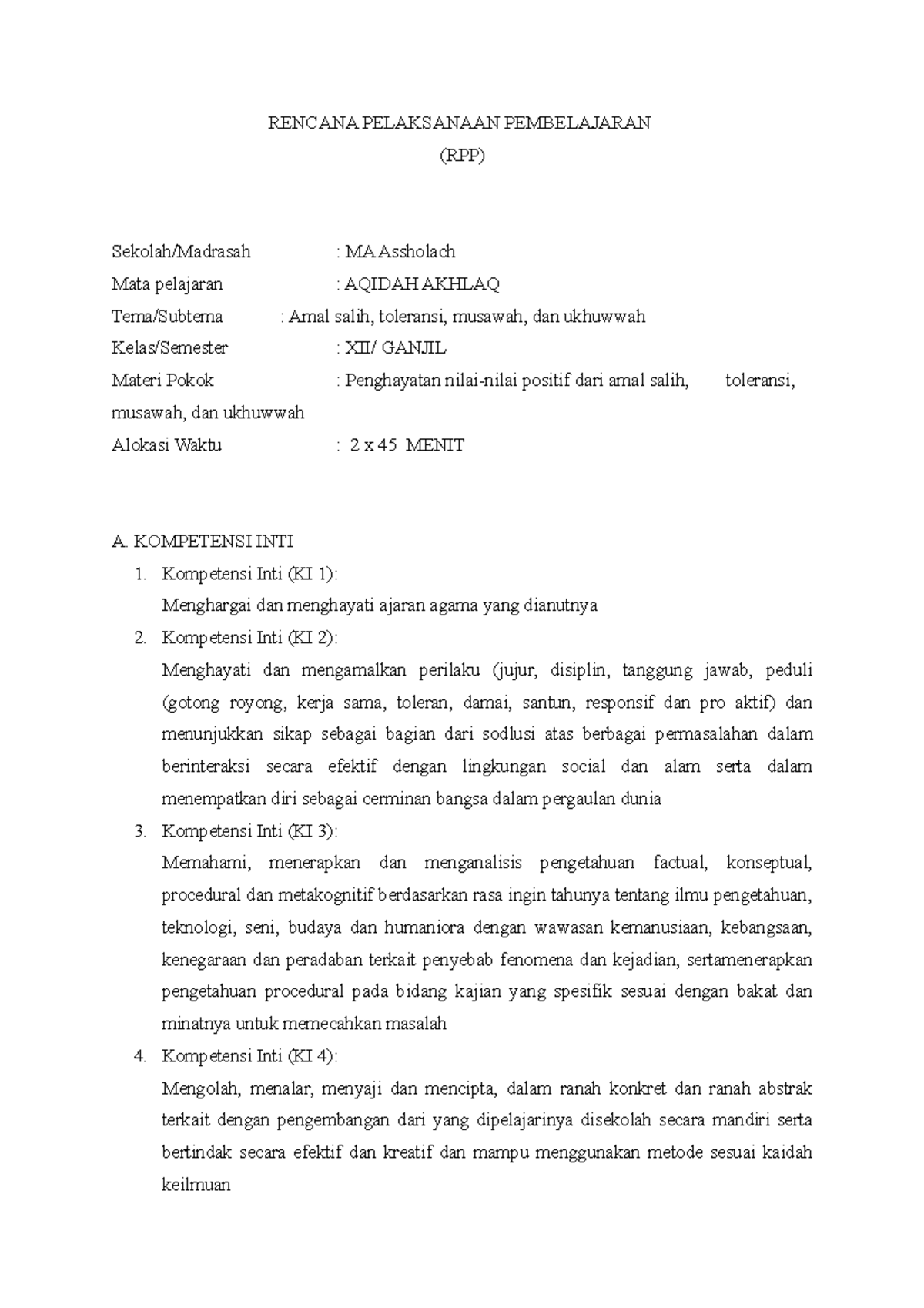 Rpp akidah kls 12 - rpp yang bisa dibuat contoh - RENCANA PELAKSANAAN ...