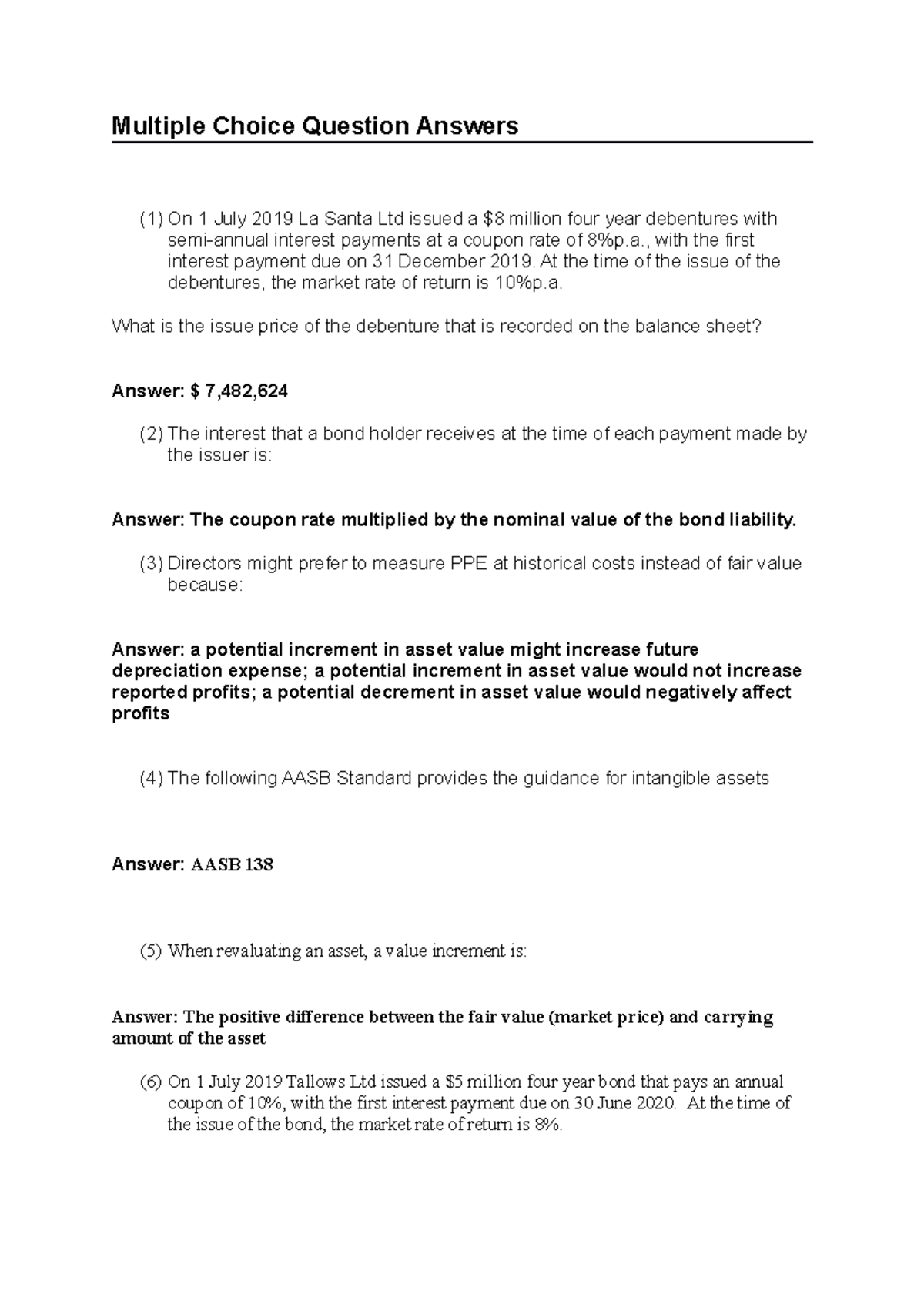 Multiple Choice Question Answers - , with the first interest payment due on 31 December 2019. At ...