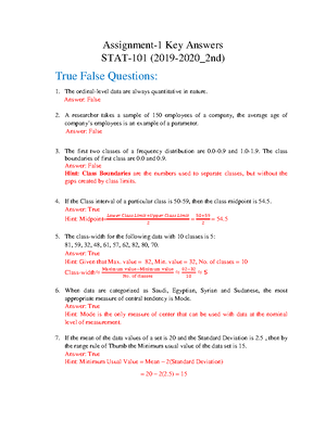 Key Answers Assignment-2 STAT-101 2020-21 Ist - Assignment-2(solution ...