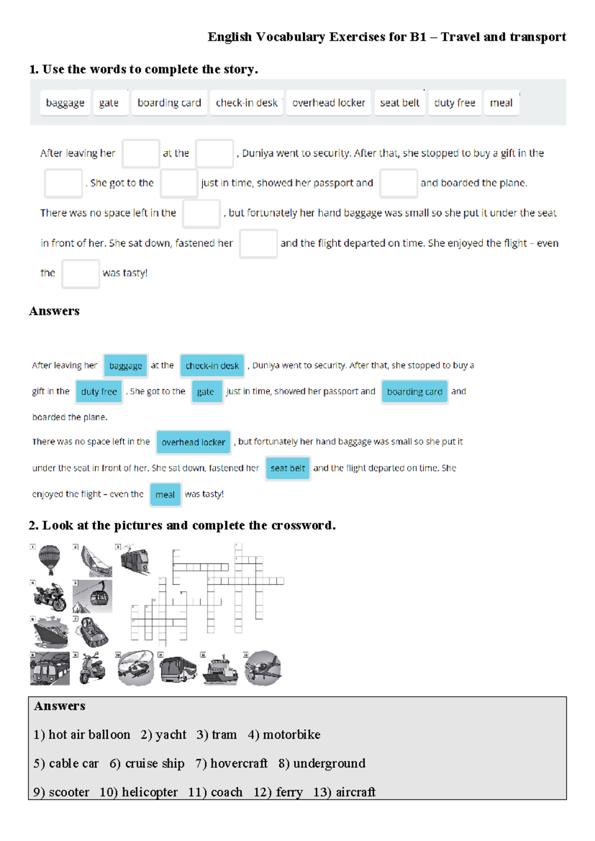 English Vocabulary Exercises for B1 – Travel and transport with answers ...