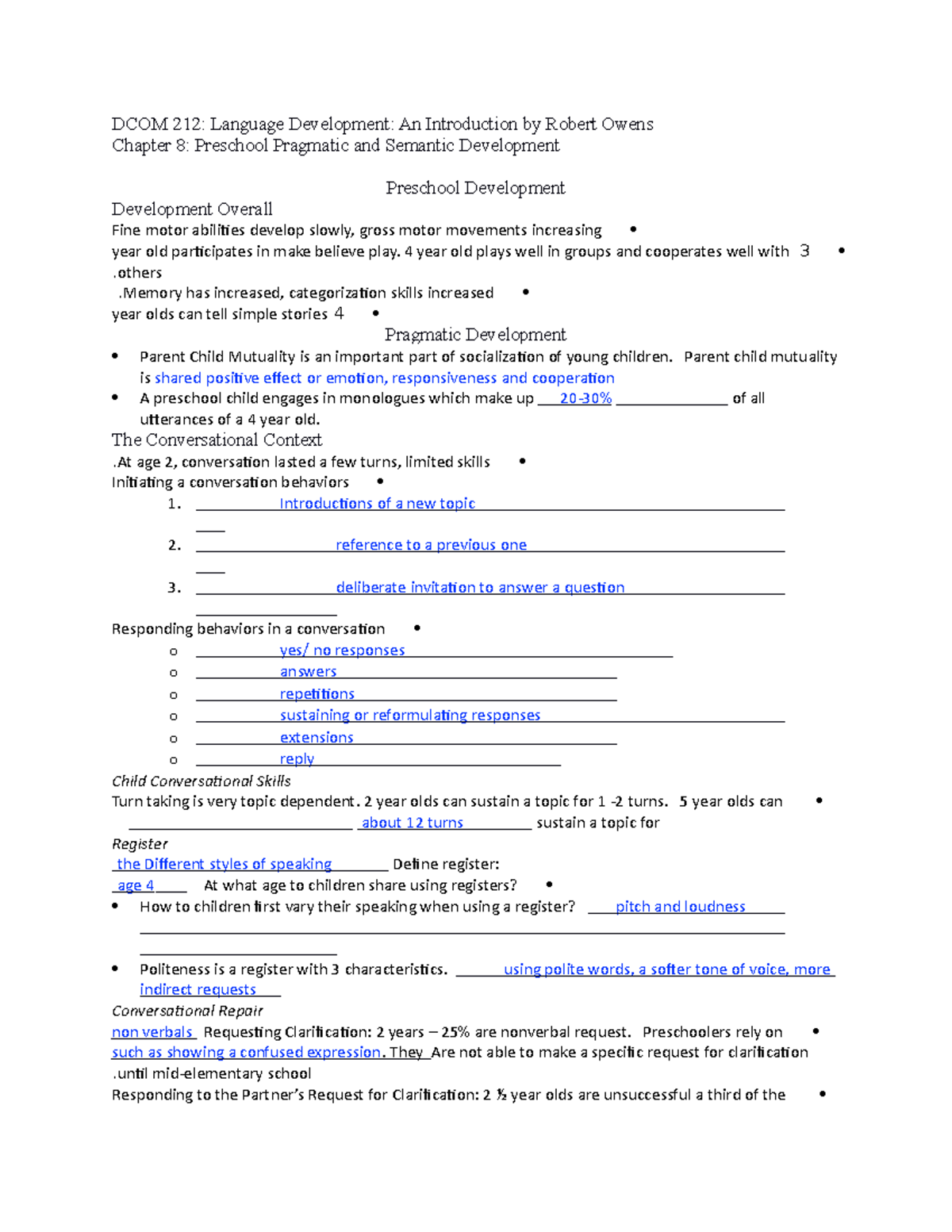 Chapter 8 Preschool Pragmatics and Semantics Text Outline - Student - DCOM 212: Language - Studocu
